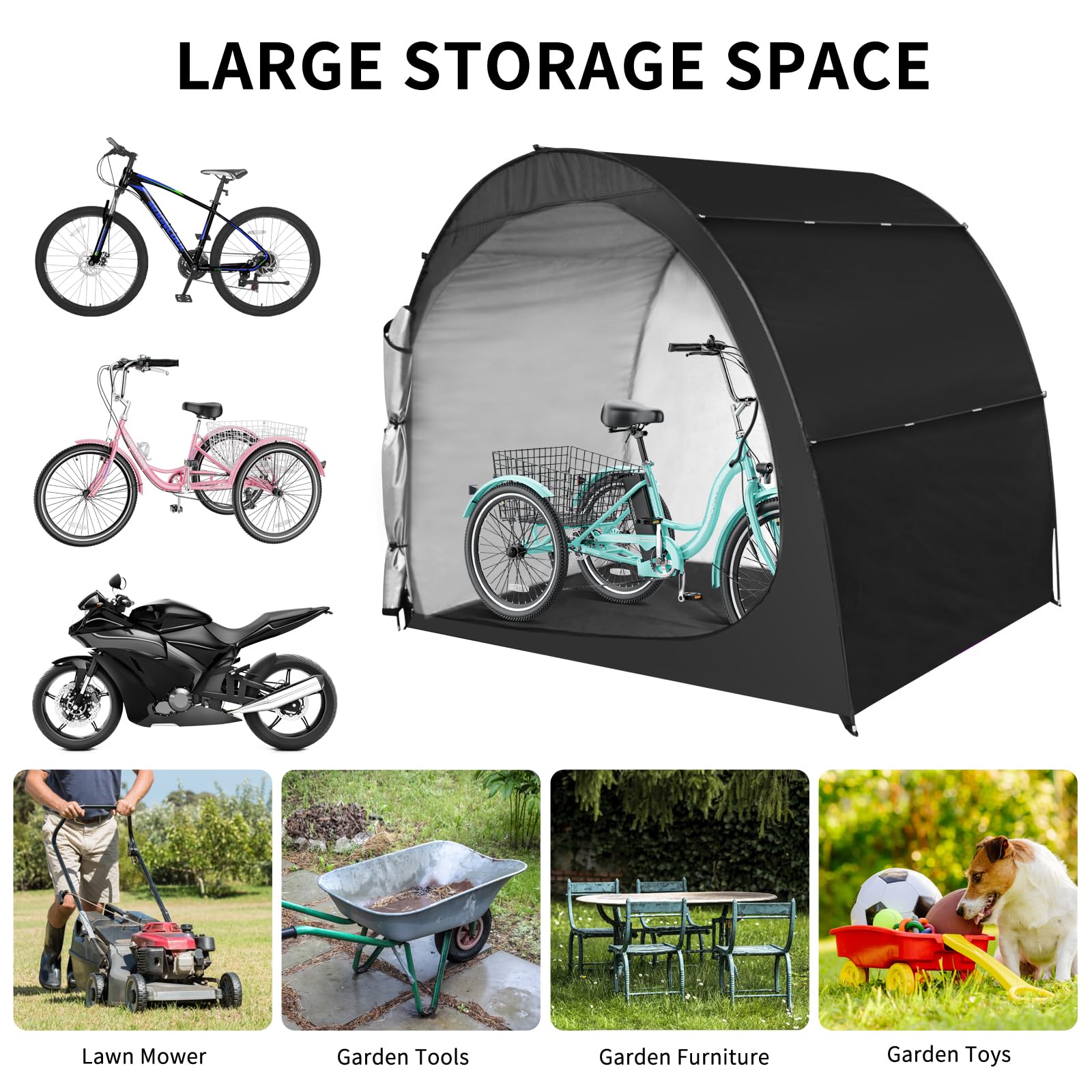 Bike Storage Tent, Outdoor Large Storage Sheds Covers for 4 Bikes, Waterproof Lawn Mower Garden Tools Shed Backyard Storage Tent Shelter
