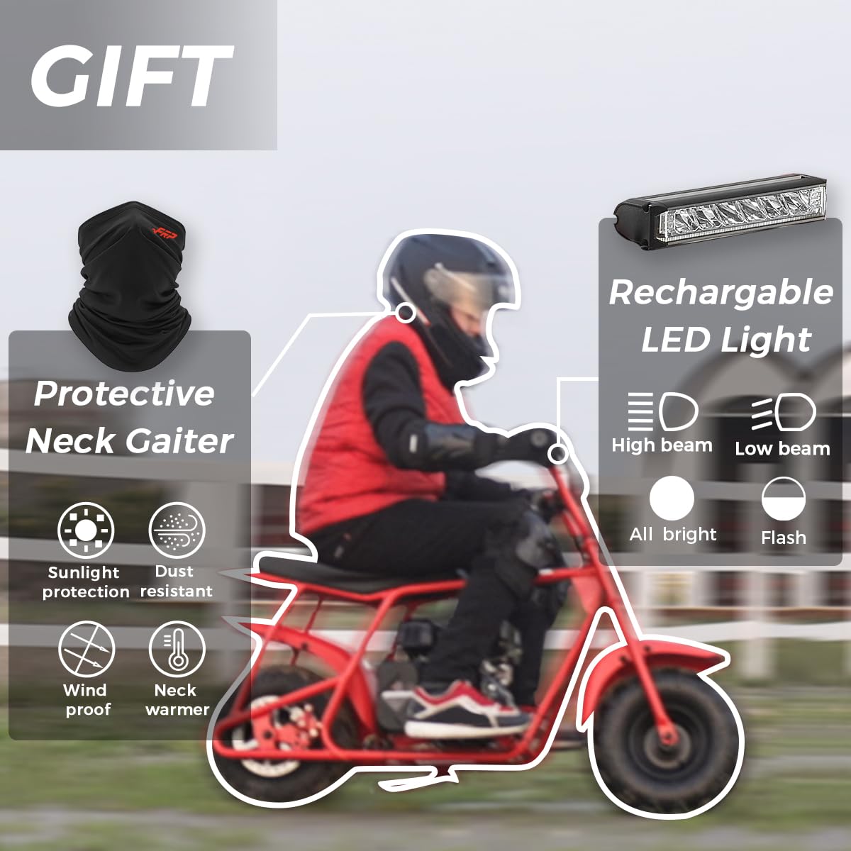 FRP GMB100 Mini Bike, 99CC 4-Stroke Mini Bikes for Adults, Off-Road Motorcycle W/LED Headlight, Goggles, Gloves and Neck Gaiter Up to 28 Mph, Weight Support Up to 220 LBS(Red)