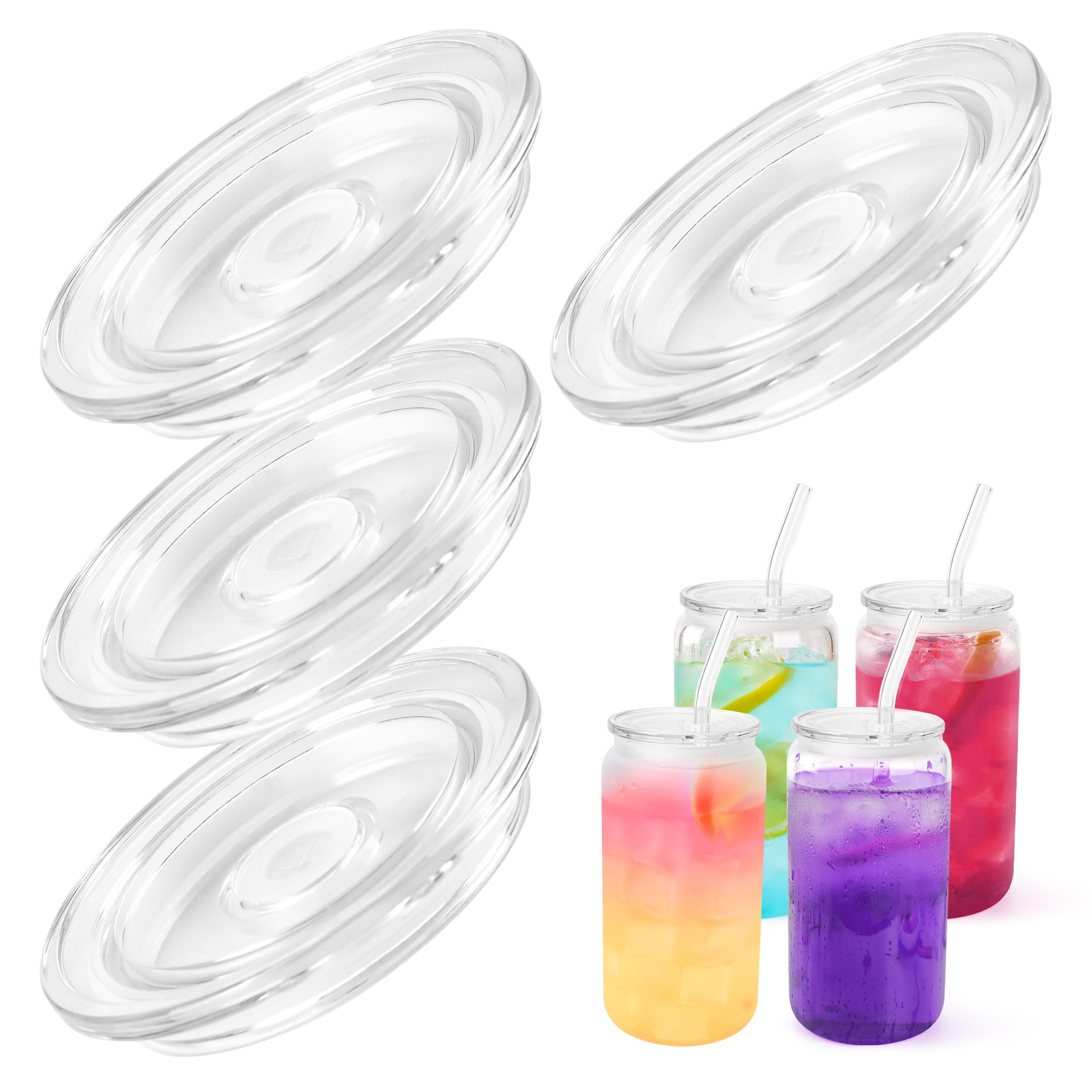Joyclub 4 Pack Acrylic Lids Fit for 16 oz Glass Cups with Lids and Straws, Replacement Lids for Drinking Beer Glasses with Bamboo Lids Iced Coffee Cups Cute Tumbler Cup (Clear)