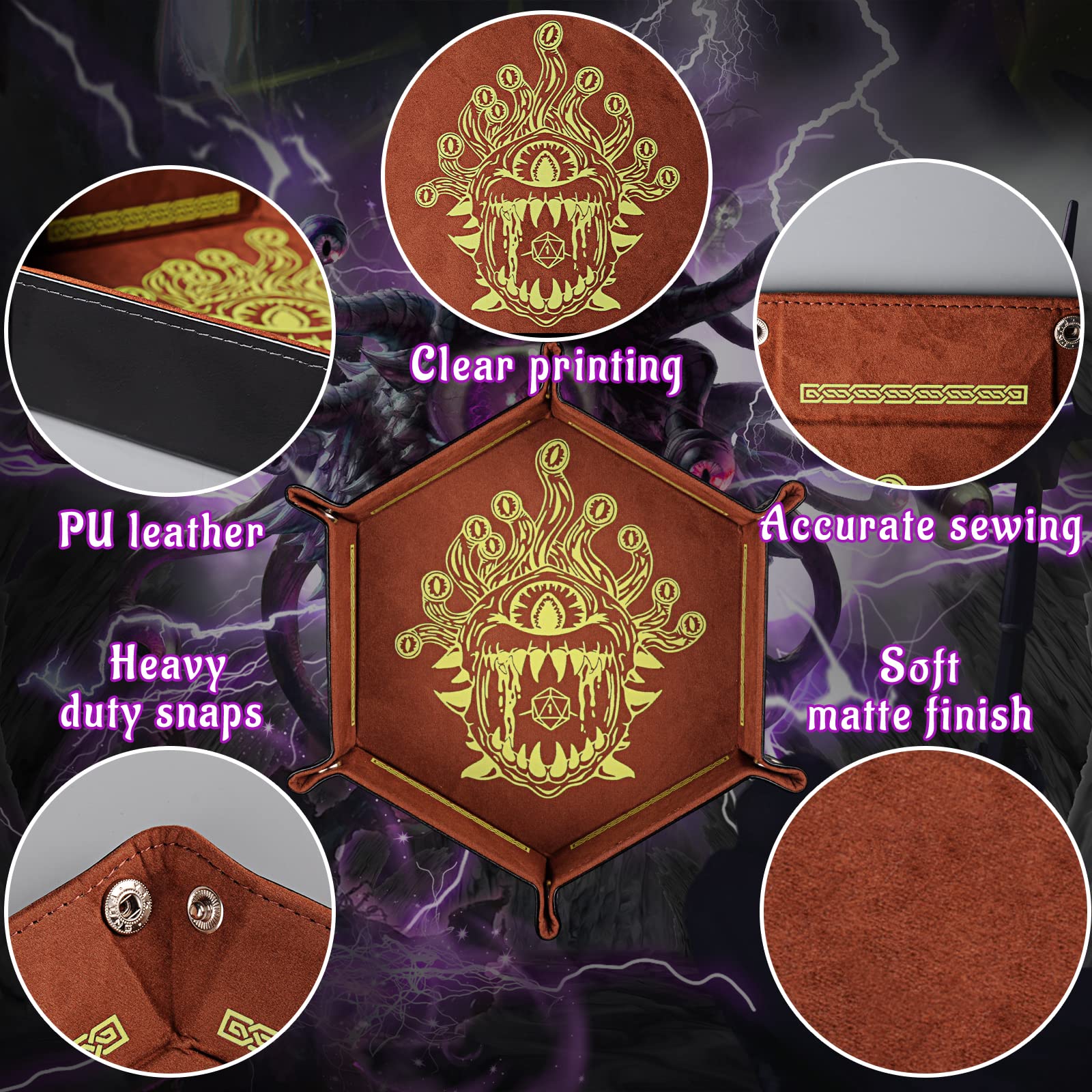 D&D Dice Tray PU Leather Hexagon Dice Holder Printed with Beholder Portable and Foldable Dice Rolling Mat for Board Game and Tabletop RPG (Style B)