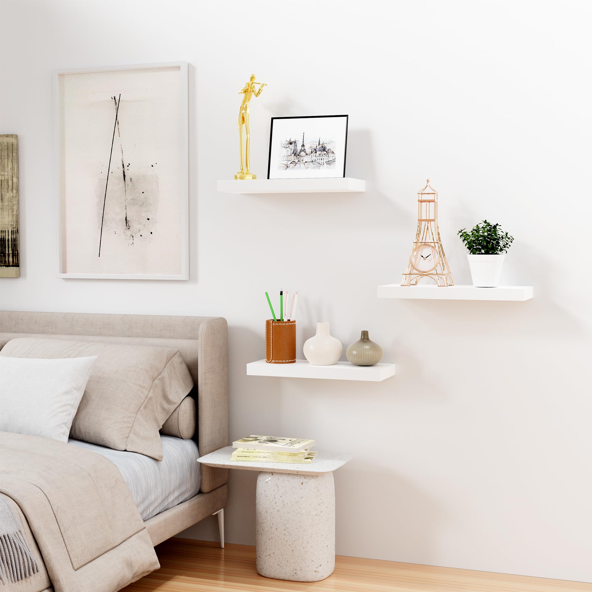 Bellsal Floating Shelves, White Engineered Wood Wall Shelf Set of 2, 15" Wall Mounted Floating Shelf, Hanging Wooden Shelf Invisible with Brackets for Bedroom, Kitchen, Living Room, Bathroom Decor