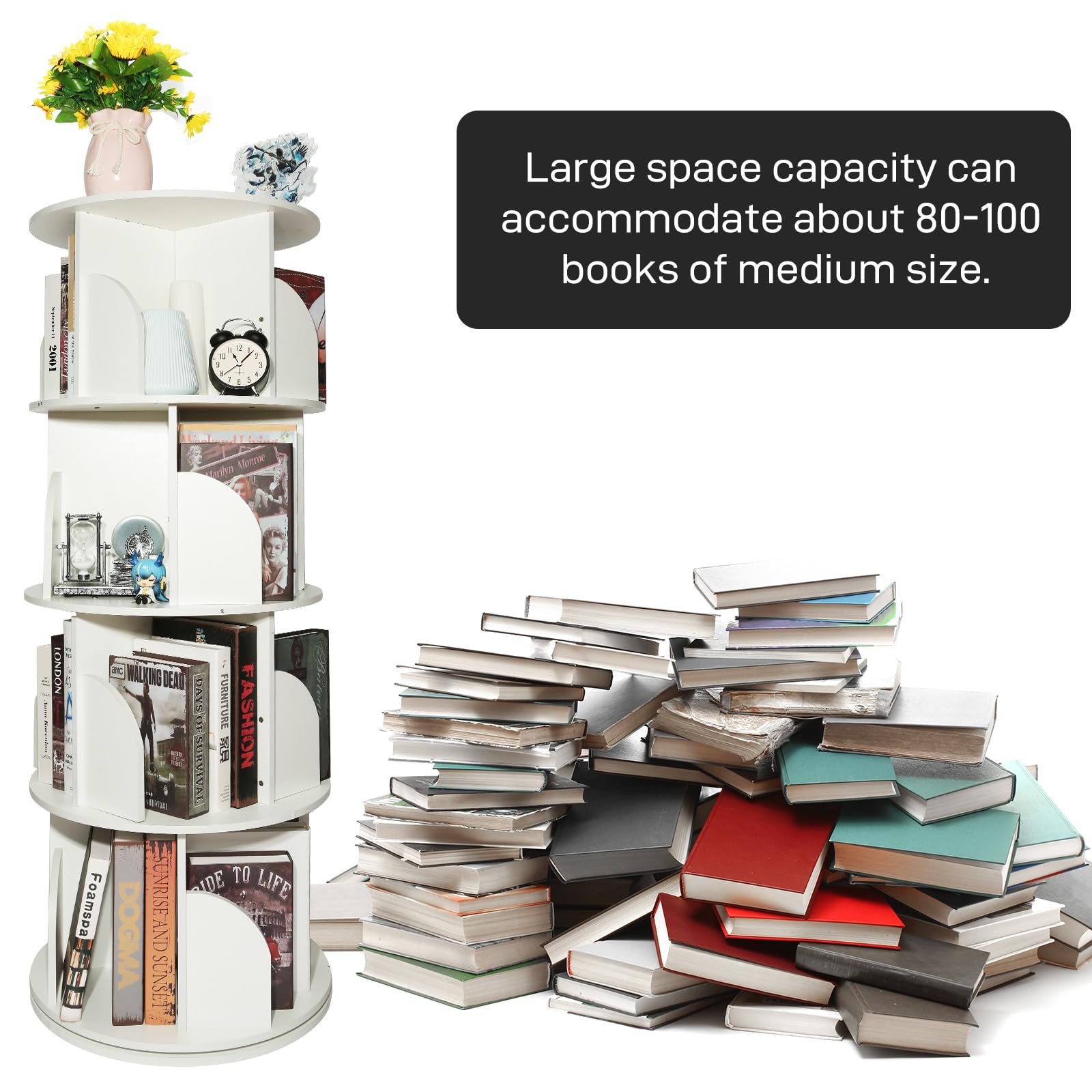 BEICNWOD Rotating Bookshelf,4 Tier 360° Revolving Bookcase,Small Corner Bookshelf for Small Space, Stackable Bookshelf Organizer, Display Cabinet for Office Home Living Room,White (White)