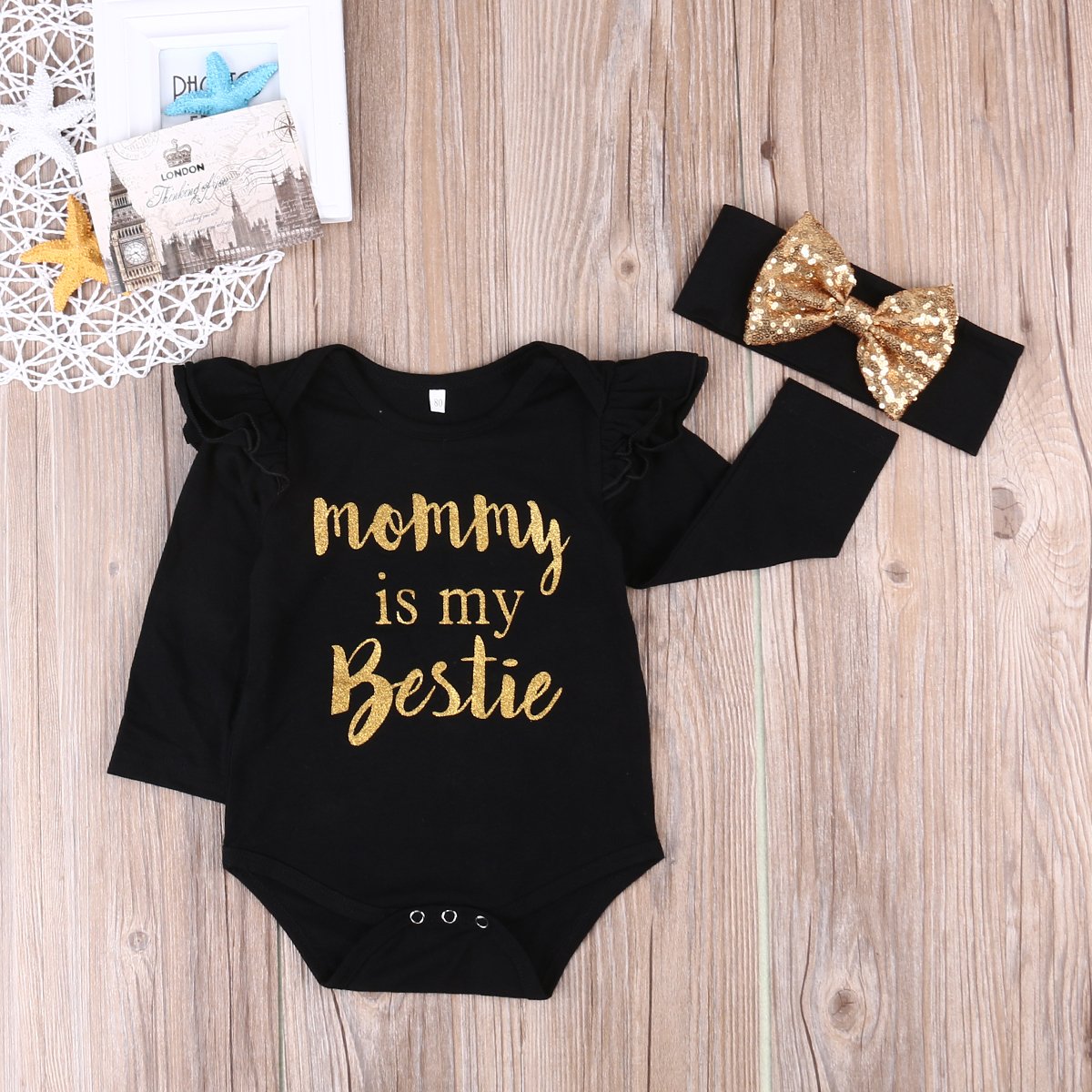 Newborn Baby Girls Clothes Floral “Mommy is My Bestie” Bodysuit Romper +Headband