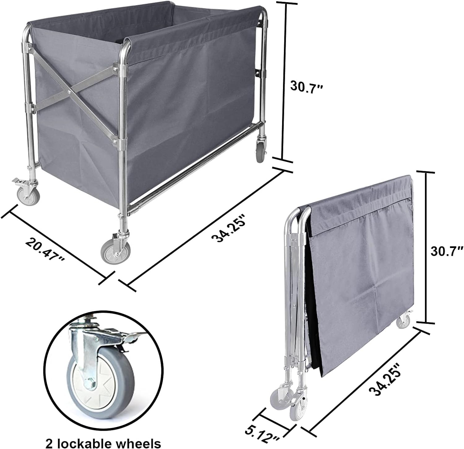 Bimiti Commercial Laundry Cart Folding Laundry Hamper Cart with Heavy Duty Rolling Lockable Wheels Collapsible Stainless Steel Laundry Trolley Cart with Foldable Waterproof Oxford Bag