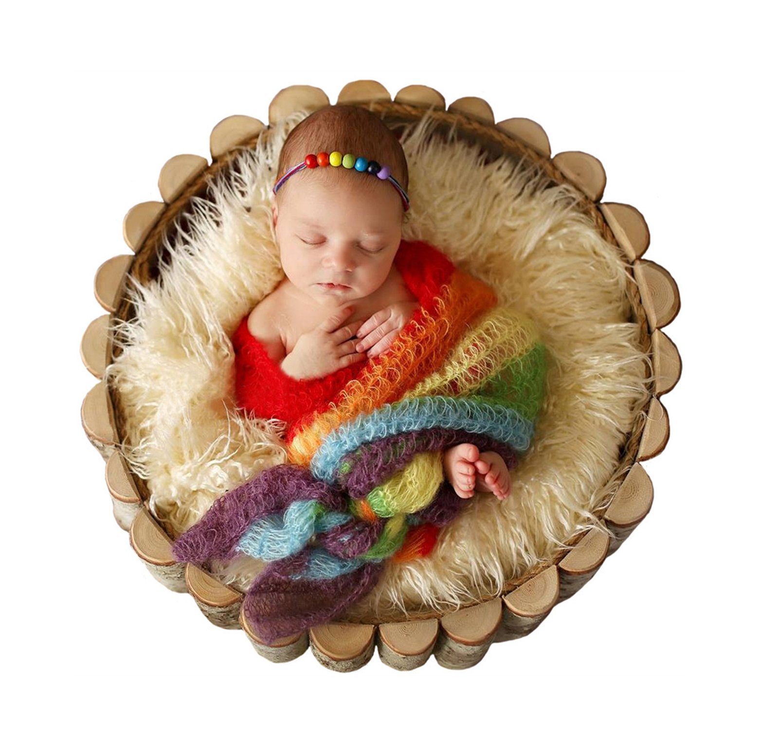 Newborn Baby Stretch Knit Wrap,Photography Photo Props Rainbow Tassel Blanket Include Headband