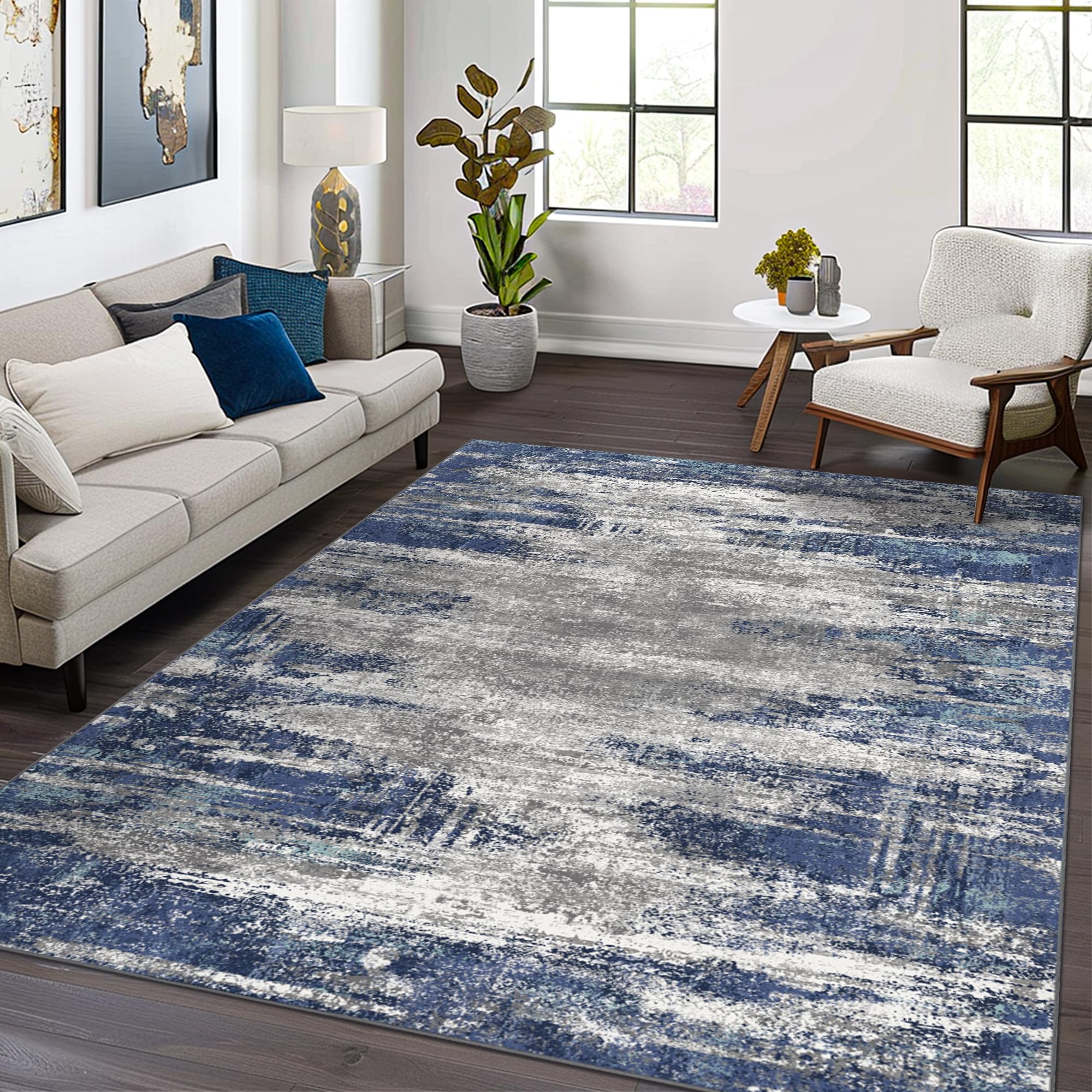 BEIMO 8X10 Area Rugs for Living Room Bedroom, Modern Abstract Blue Print Indoor Machine Washable Area Rug, Distressed Throw Non Slip Backing Runner Rug for Hallway Entryway