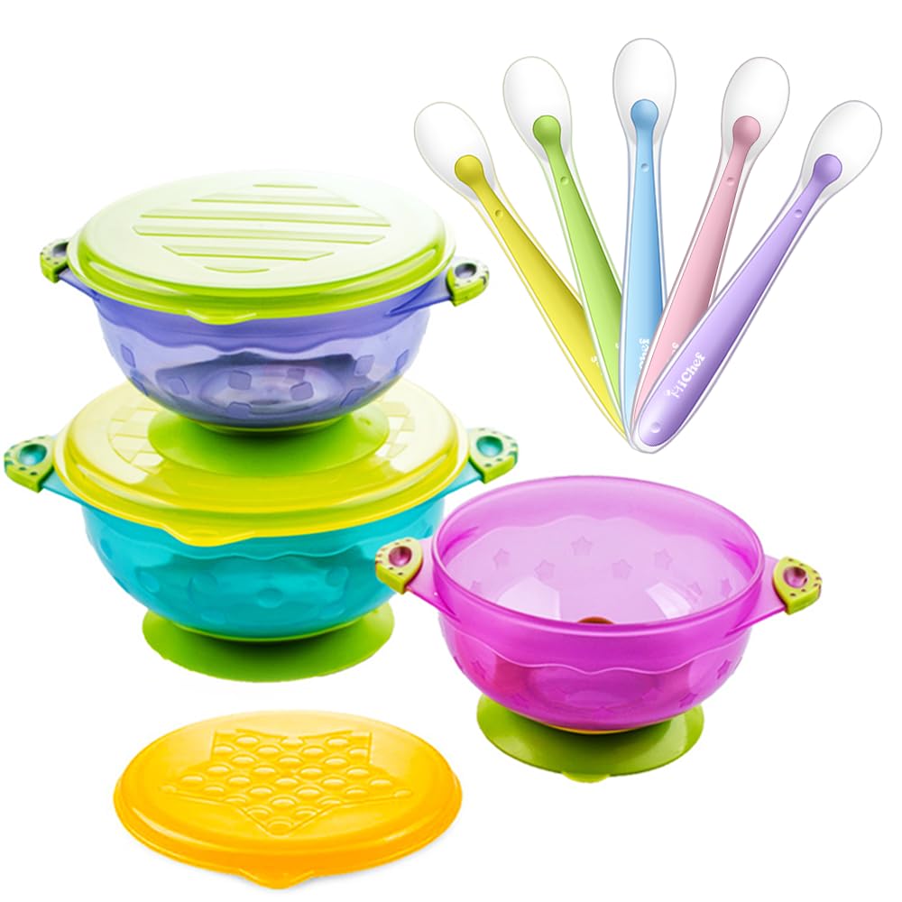 Stay Put Suction Bowl, Baby Bowls for Toddlers with Snap Tight Lids, Spill Proof Baby Feeding Bowls Gift Set of 3 Count, and 5-Pack Soft Tip Silicone Baby Spoons -BPA Free