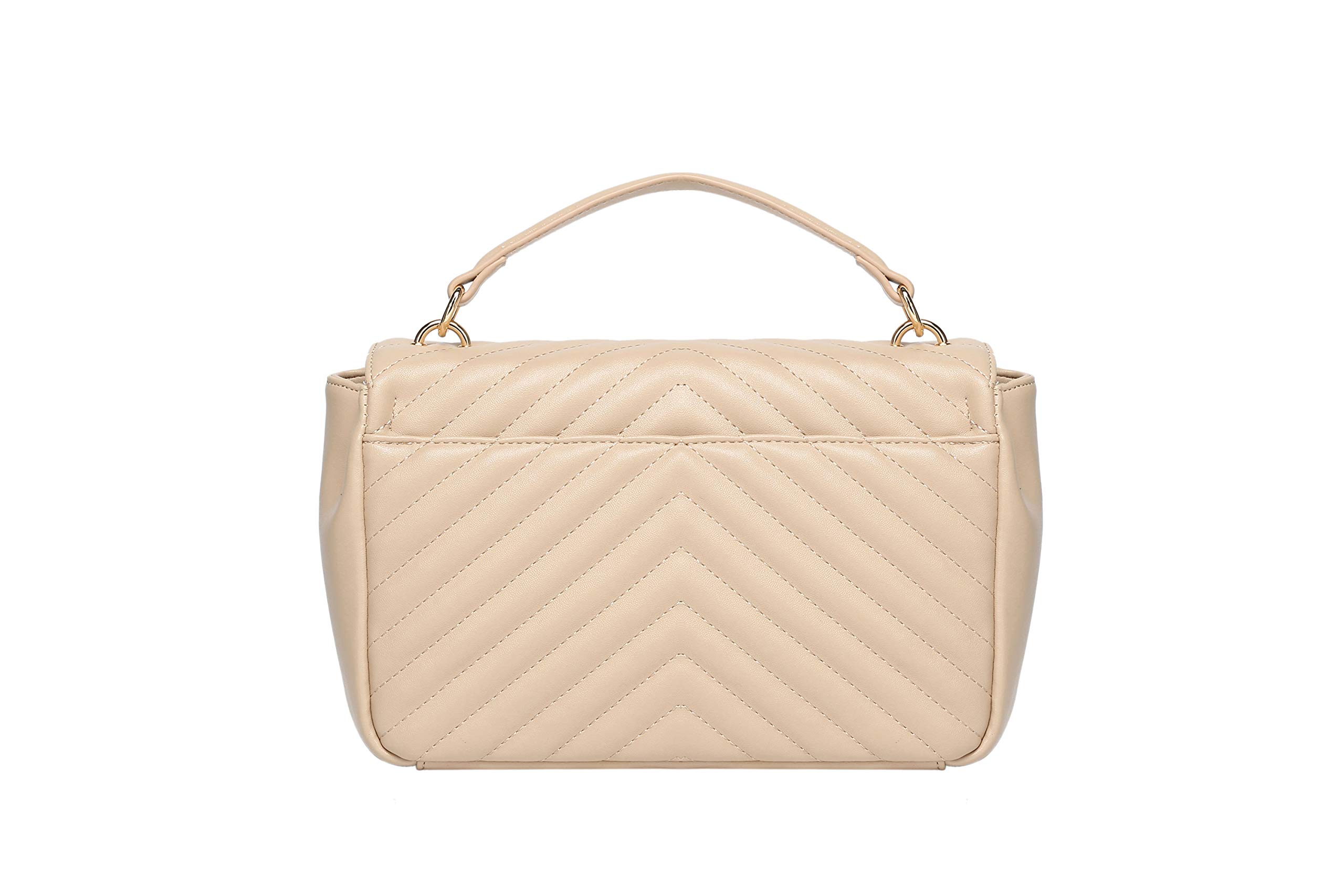 Daisy Rose Quilted Chevron Shoulder Cross Body Bag with Top Handle, PU Vegan Leather - Beige