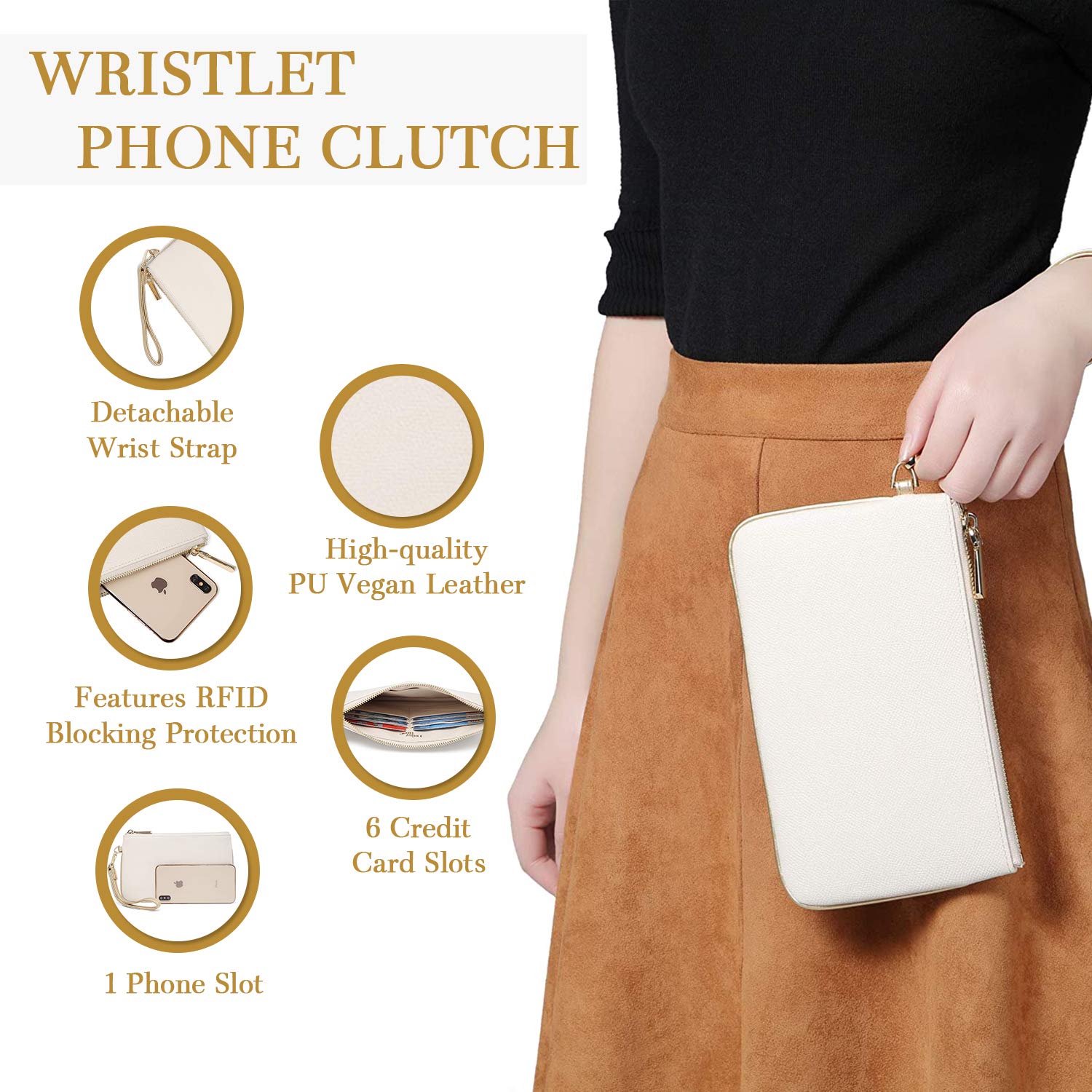 Daisy Rose Zip Wristlet Phone Clutch-RFID Blocking protection Wallet - Cream