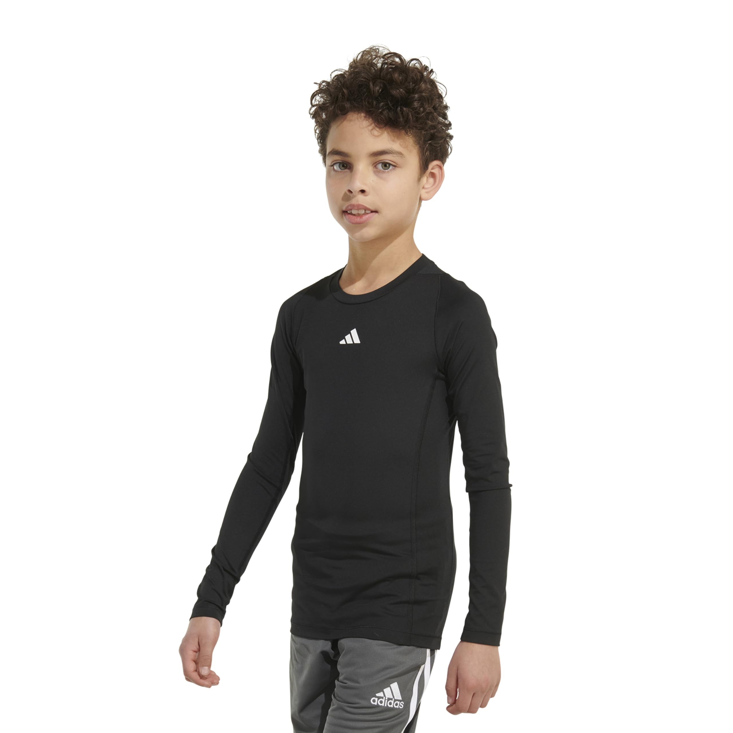 adidas Boys' Moisture Wicking Compression T-Shirt Techfit Athletic Long Sleeve Tee, White/Shoulder Logo, Large