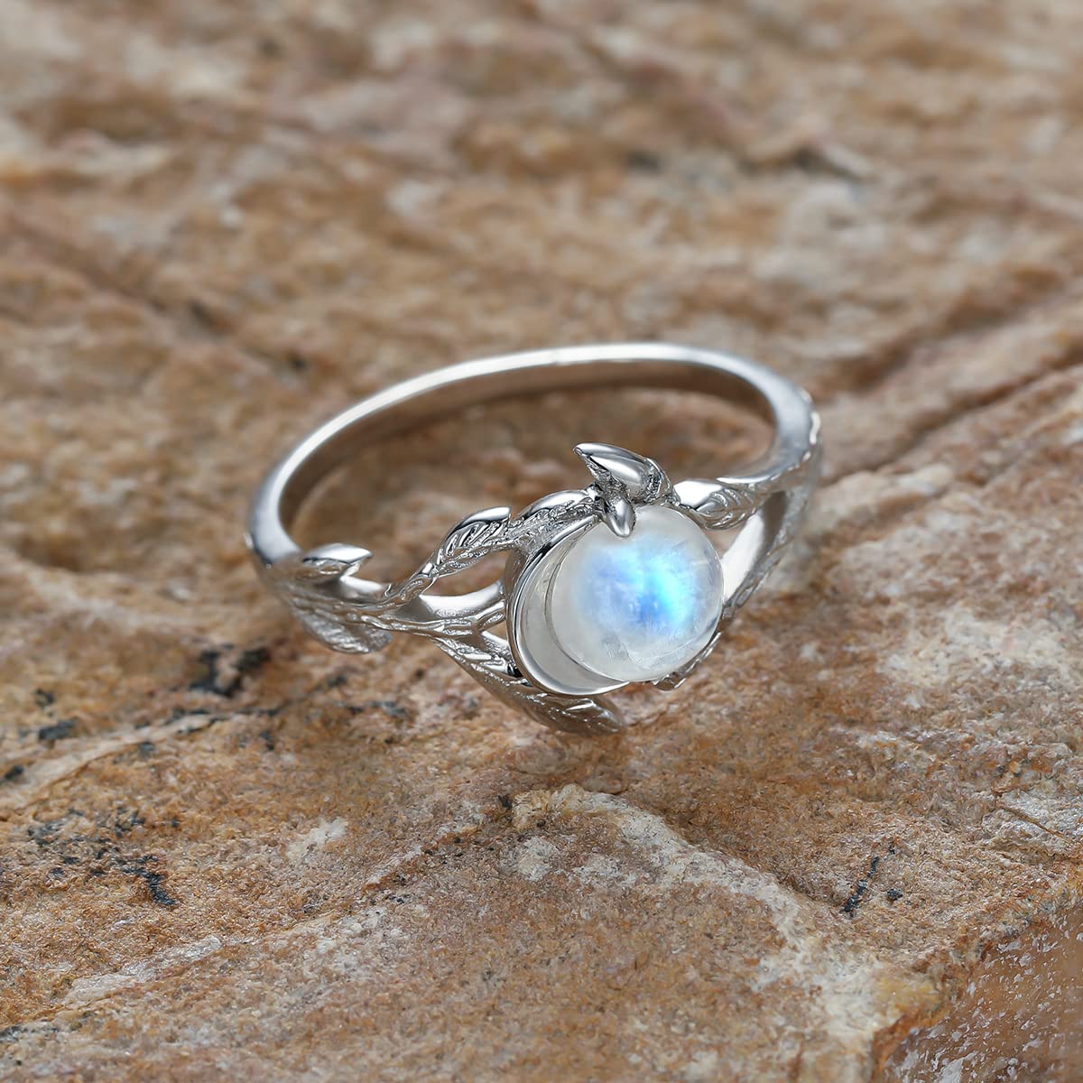 Angol Genuine Moonstone Ring for Women Sterling Silver Moonstone Moon Sun Ring Minimalist Statement Band Finger Ring with Box (7)