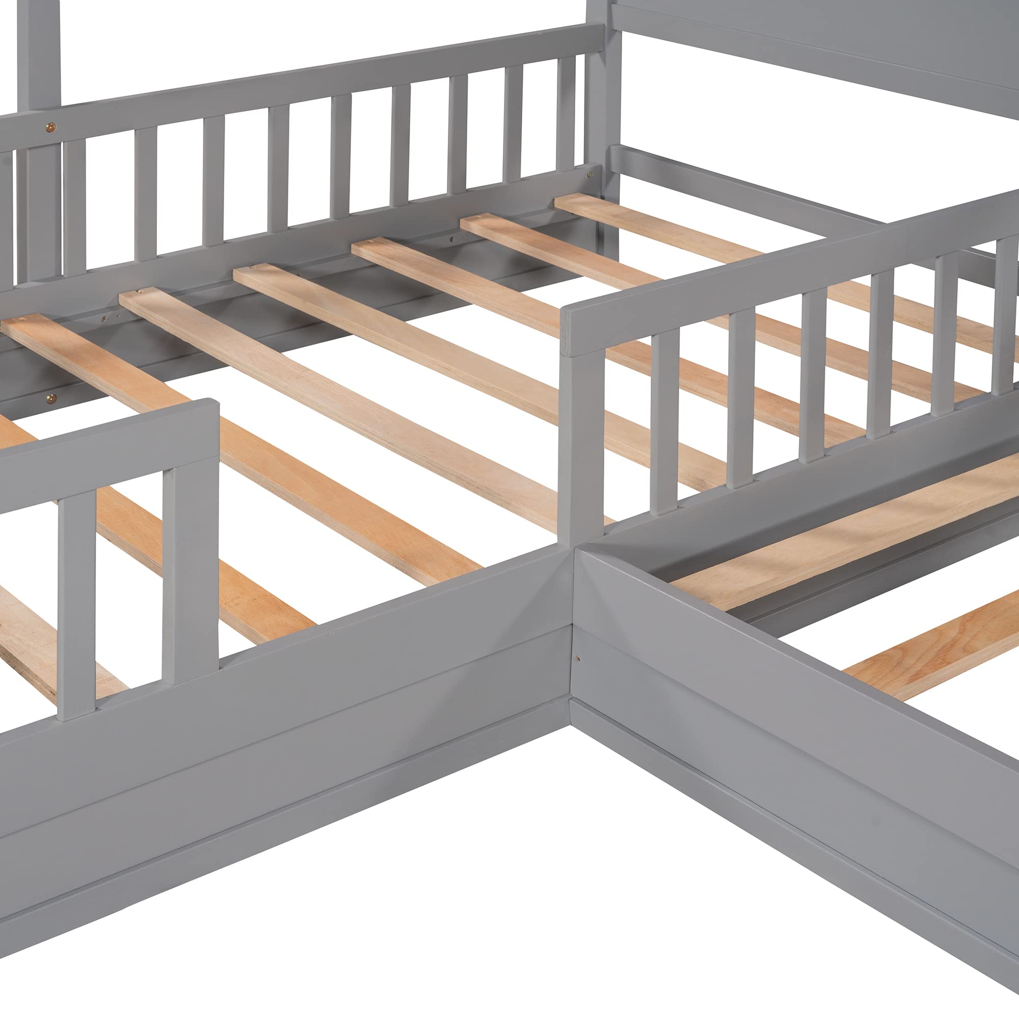 L Shaped Bed Frame with Roof, Twin Corner Bed House Bed for Kids, Solid Wood Twin Platform Bed Frame for 2 People (Twin Size, Gray)
