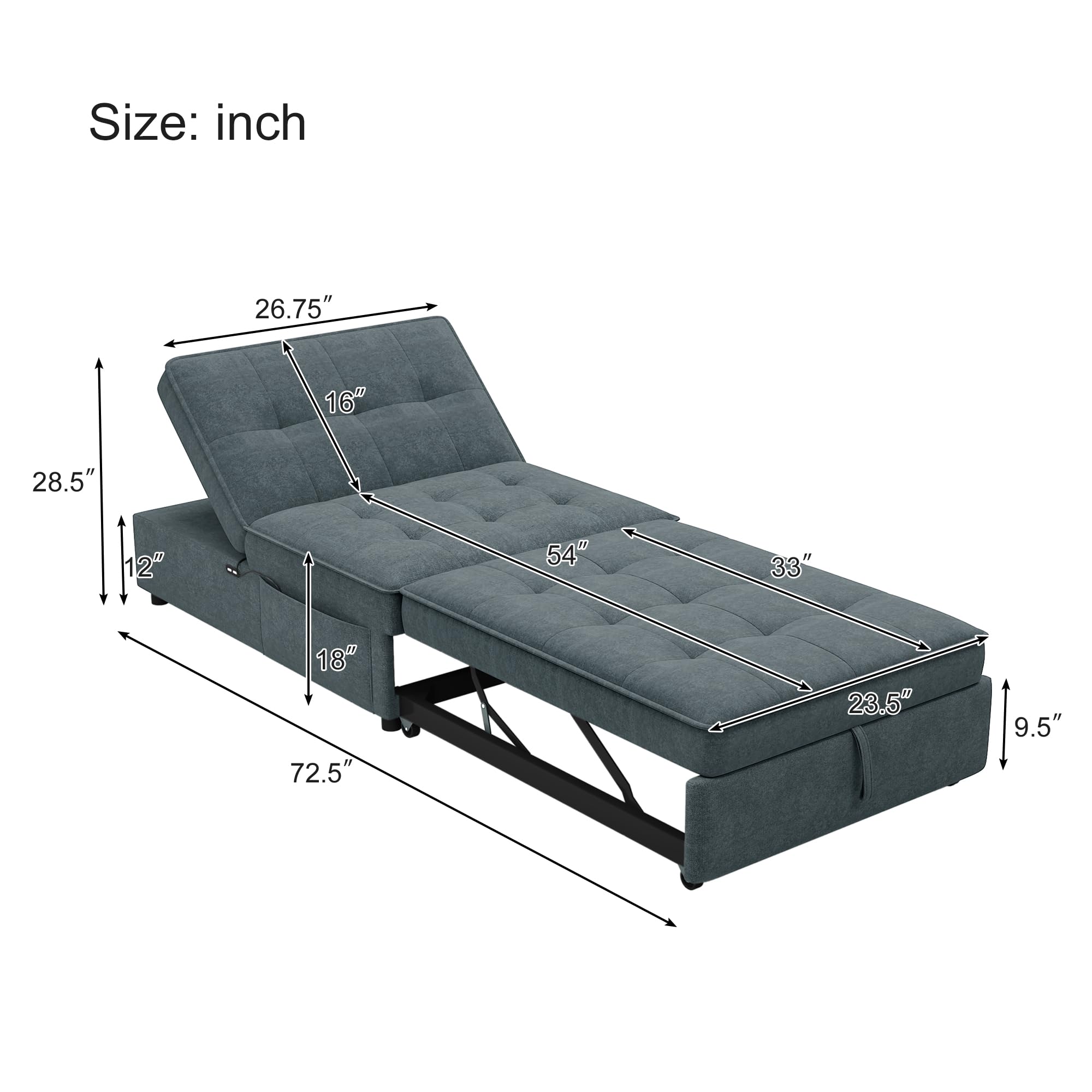 Linique Convertible Sofa Bed with Storage Pocket and USB Ports, Foldable Ottoman Single Sleeper Sofabed, Lounger Sofa Chair for Living Room, Office, Bedroom, Beige