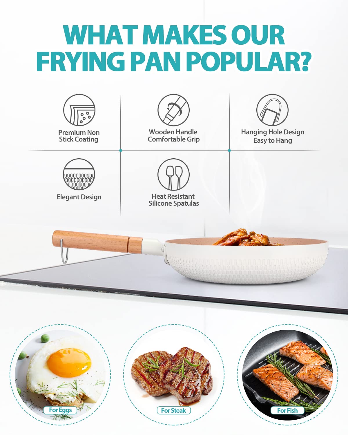 BUNDLEPRO Nonstick Frying Pan, Granite Coating Skillet with Wooden Handle, 9.4'' Induction Compatible White Aluminum Cookware for Cooking Fish, Egg, Chicken, Steak,Vegetables