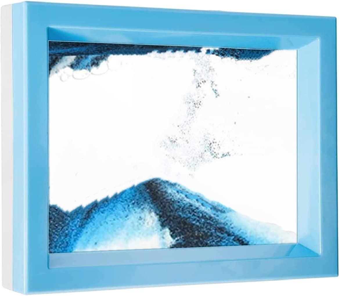 FUNJIA Moving Sand Art Picture, 3D Deep Sea Sandscape in Motion Display, Flowing Sand Art Decor for Sensory Calming Fidget, Desktop Home Office Work Decor (Blue)