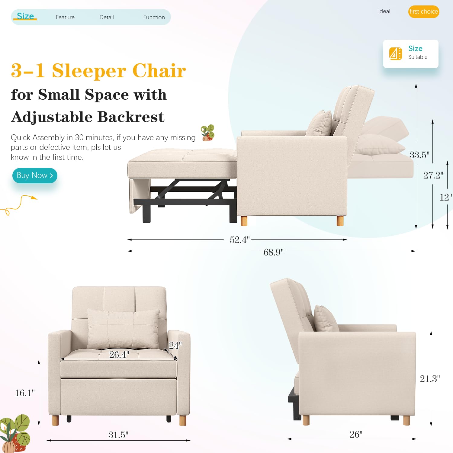 YODOLLA Sleeper Chair, 3 in 1 Chair Bed Sleeper for Adults, Fold Out Sofa Cama with Pillow and Convertible Backrest, Multi-Functional Couch Loveseat Reading Chair for Small Space, Beige