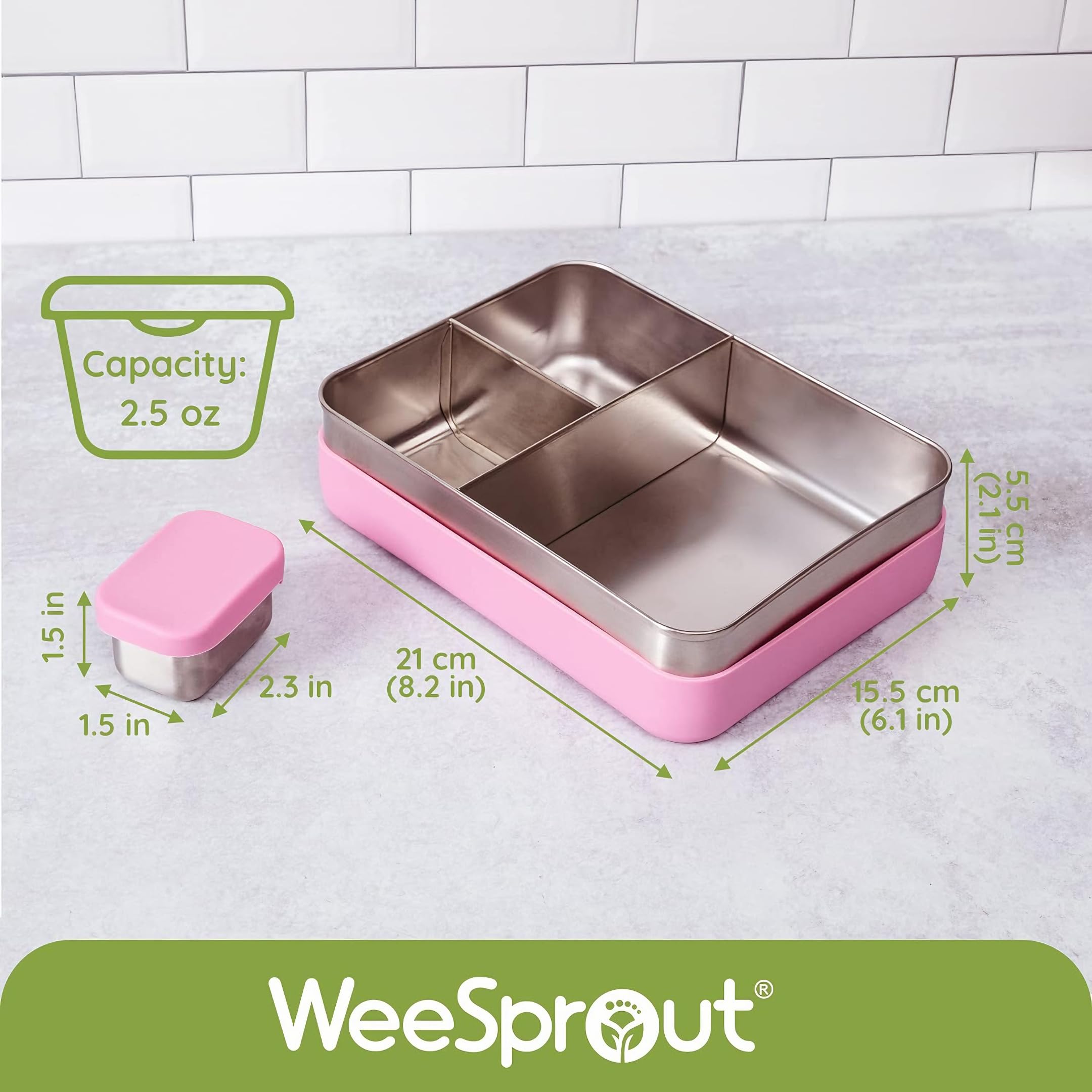 WeeSprout 18/8 Stainless Steel Bento Box (Large) - 3 Compartment Metal Lunch Box, Skid-proof Silicone, for Kids & Adults, Bonus Dip Container, Fits in Lunch & Work Bags, Dishwasher & Freezer Friendly