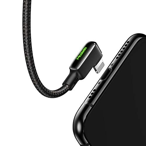 Mcdodo USB 90 Degree Right Angle Design Gaming LED Cord Nylon Braided Sync Charge USB Data 6FT/1.8M Cable Compatible with New Phone List Below (Black, 6FT/1.8M)