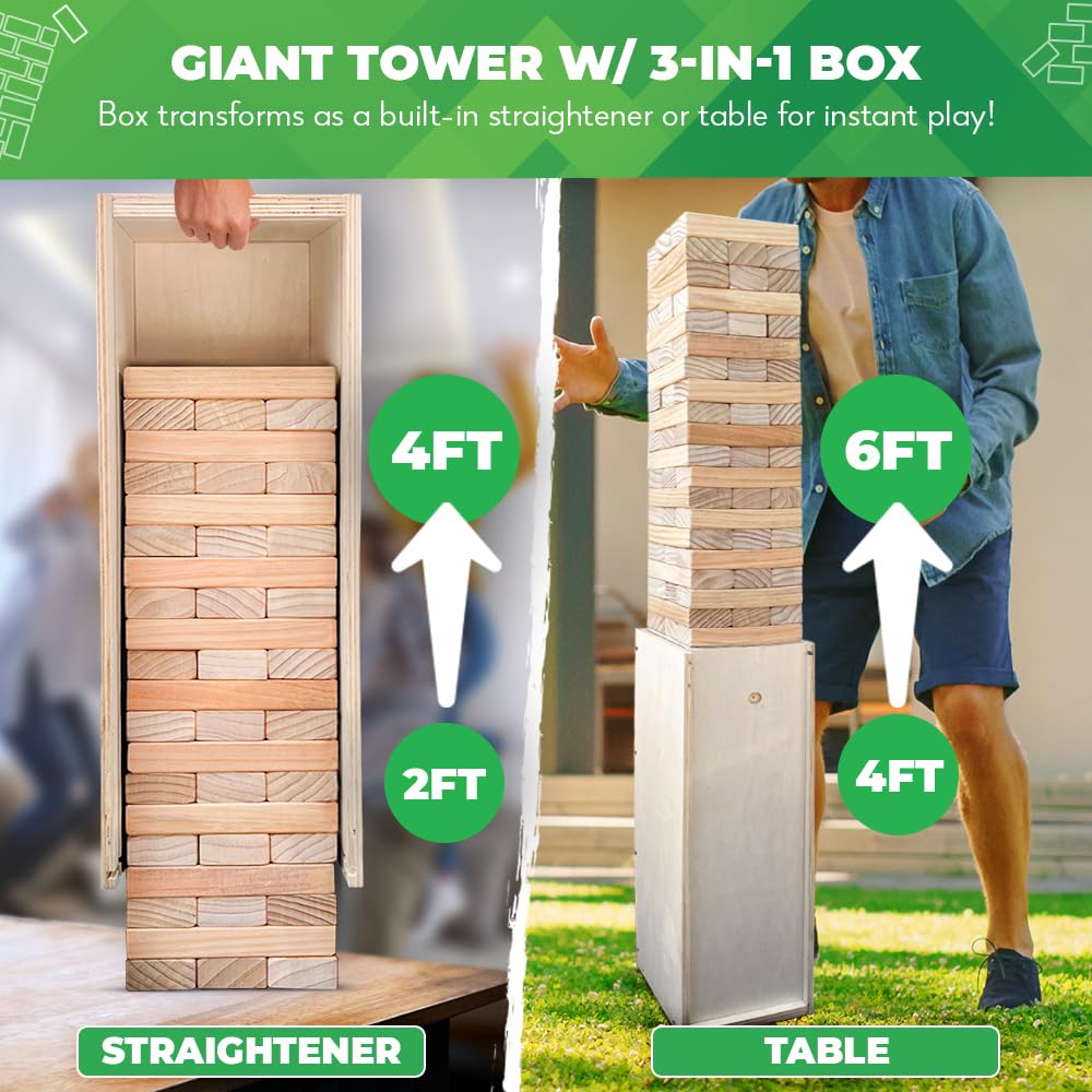 SWOOC Games - Giant Tower Game with 3-in-1 Straightener, Table & Storage Box - 90% Faster Set Up with Transforming Box & Straightener - Starts at 2-4ft - Grows to Over 6ft - Large Outdoor Yard Games