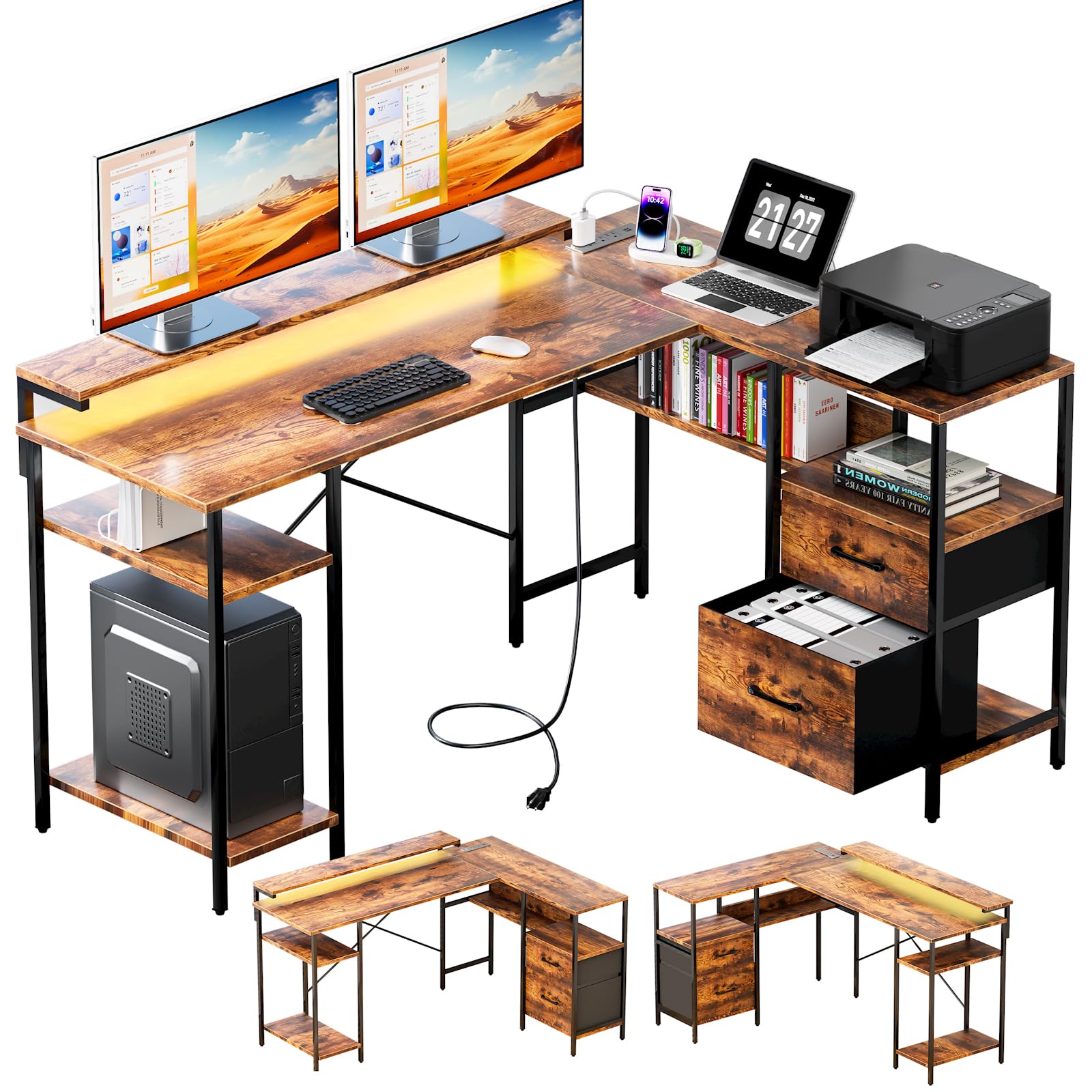 BINCUE L-Shaped Home Office Desk with 2 Drawer Office Computer Desk with Monitor Stand Power Outlets and LED Lights Reversible Corner Gaming Desk 61 Inch Rustic Brown