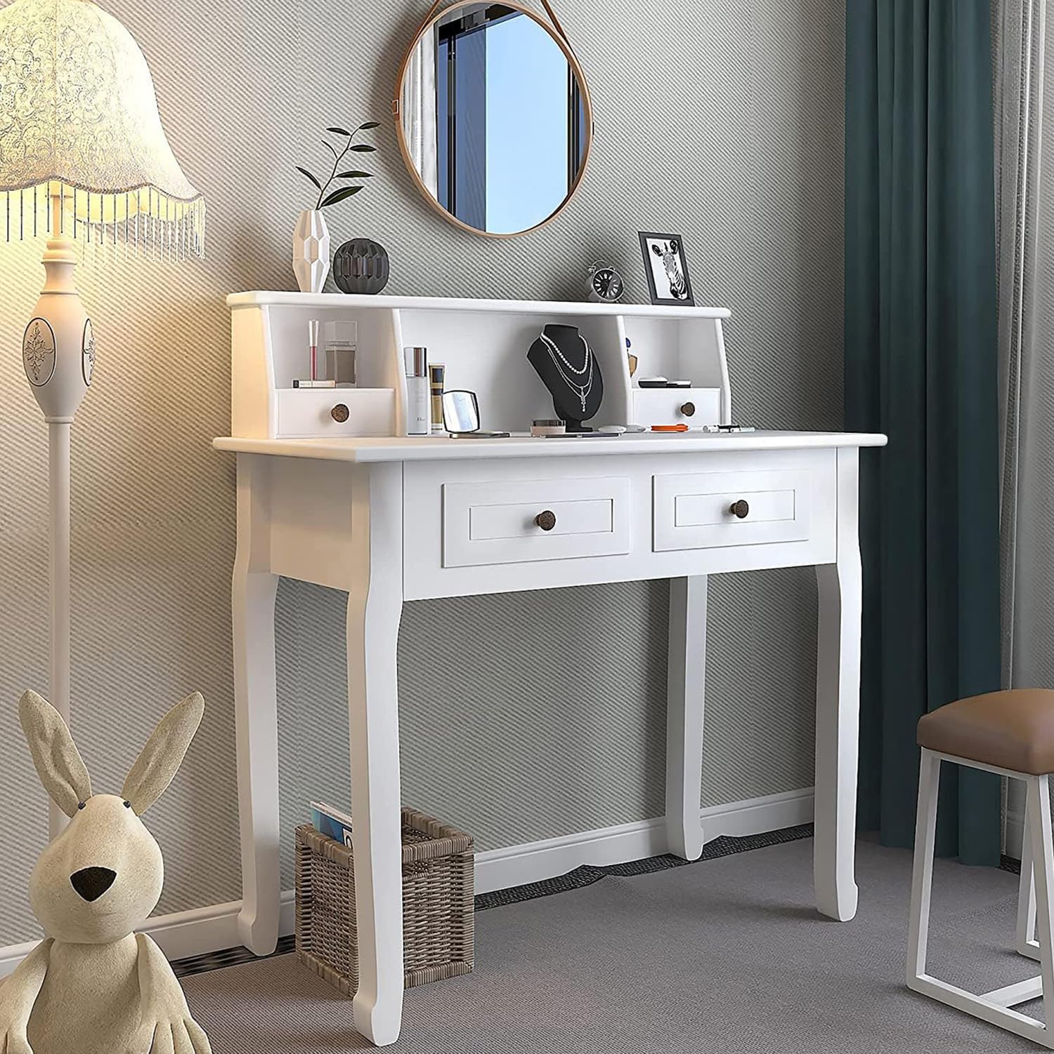 DMAITH Small Writing Desk with Hutch, 32 Inch Home Office Desk with Drawers, Study Table Computer Desk for Student, Vanity Makeup Dressing Table Save Space for Bedroom, White
