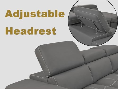 THSUPER 104'' Microfiber Sectional Sleeper Sofa with Pull-Out Bed, Sofa with Chaise & Storage Ottoman. 5 Seater L-Shaped Couch with Adjustable Headrest and Stools. Charcoal Grey