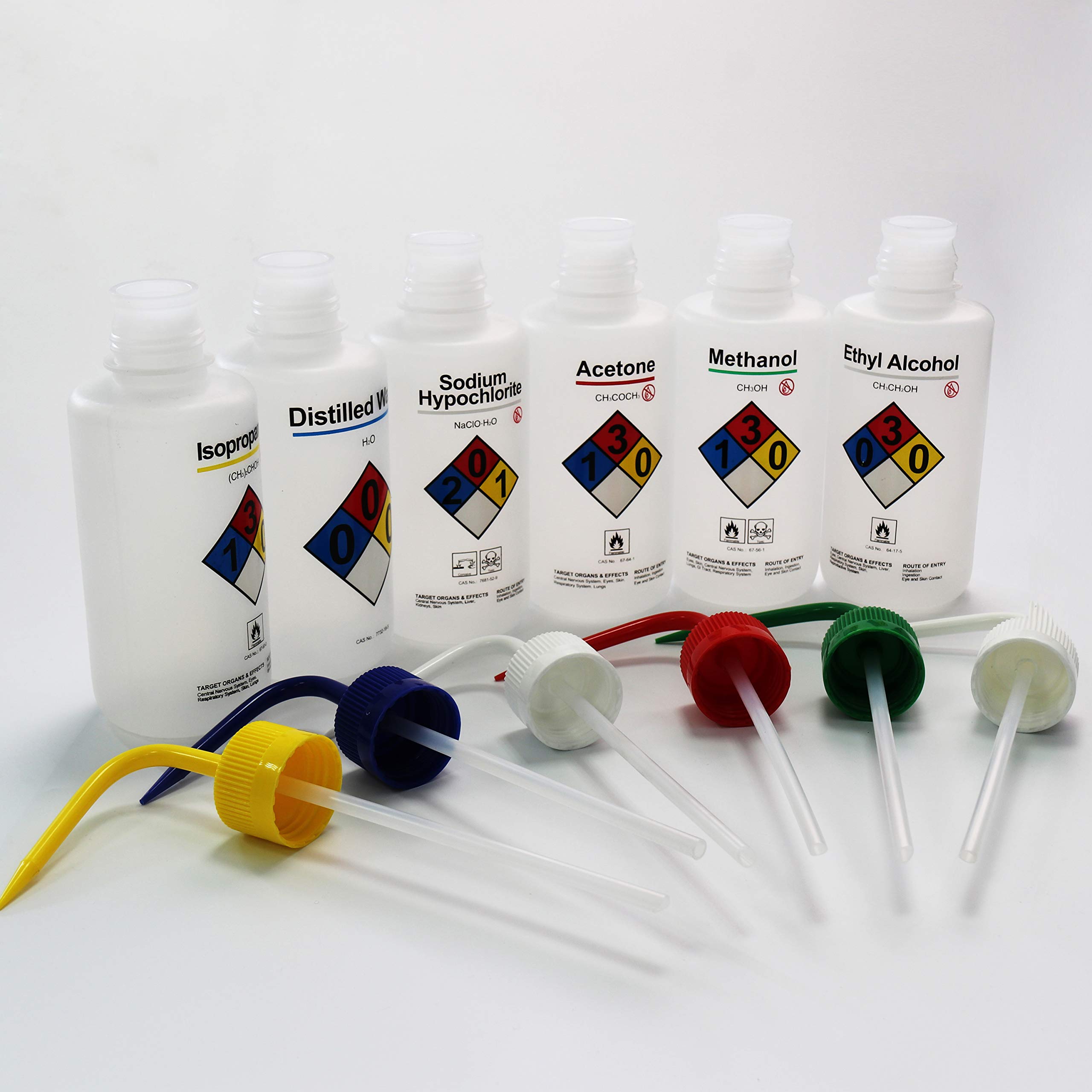 ULAB Scientific Right-to-Know Safety Wash Bottle Set, Acetone, Ethyl Alcohol, Methanol, Isopropanol, Distilled Water, Sodium Hypochloride, Vol.500ml with Draw Tube, UWB1001