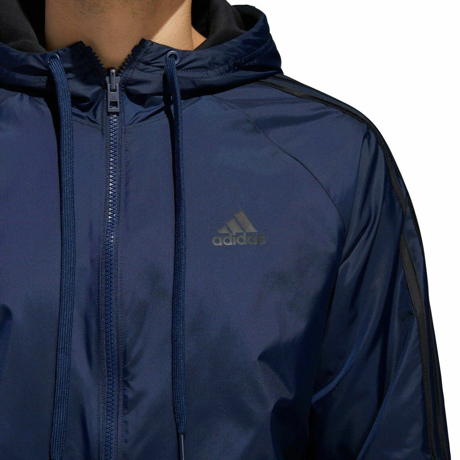 Adidas Men's Reversible Balance 3-Stripes Lightweight Hooded Jacket, Collegiate Navy/Black Small