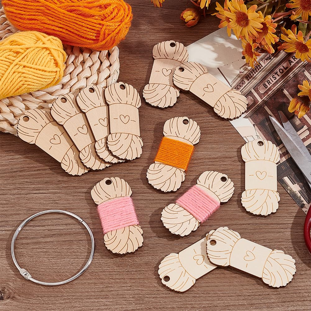 BENECREAT 12Pcs Wooden Blank Yarn Peg, Creative Woolen Thread Winding Boards, Knitting Yarn Holder with Iron Ring for Embroidery Needlework Macrame Weaving Cord and Sewing Threads