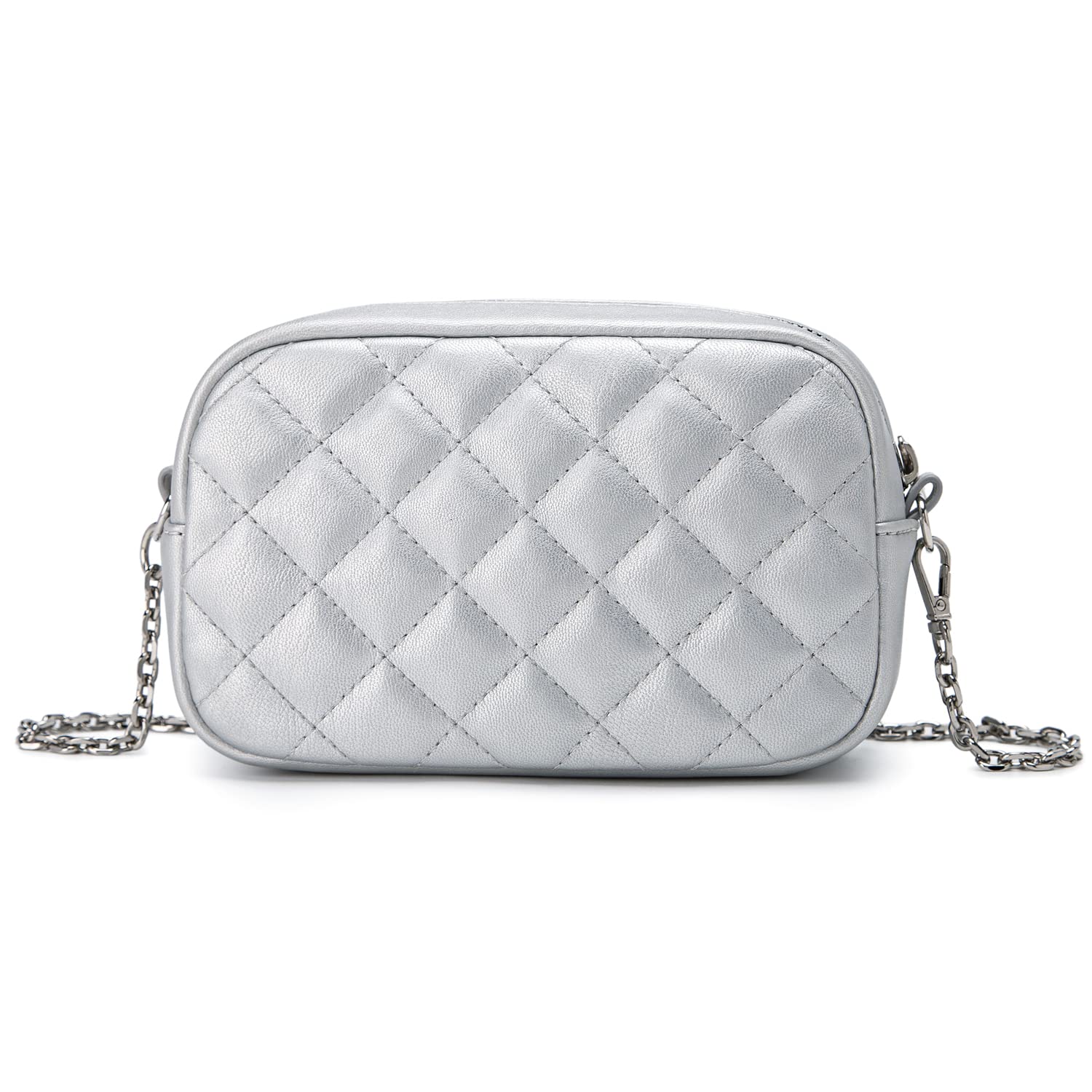 David Jones Trendy Small Cute Silver Bag, Faux Leather Crossover Long Over the Shoulder Womens Purses and Handbags with Chain Strap