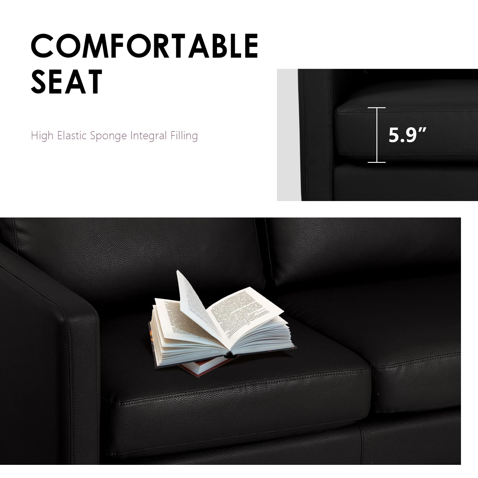 MAGIC UNION PU Leather Convertible Sectional Couch Sofa, Grey L-Shape Sectional Sofa with Chaise Reversible, 3-Seat Modern Linen Fabric Small Couches for Living Room (Black)