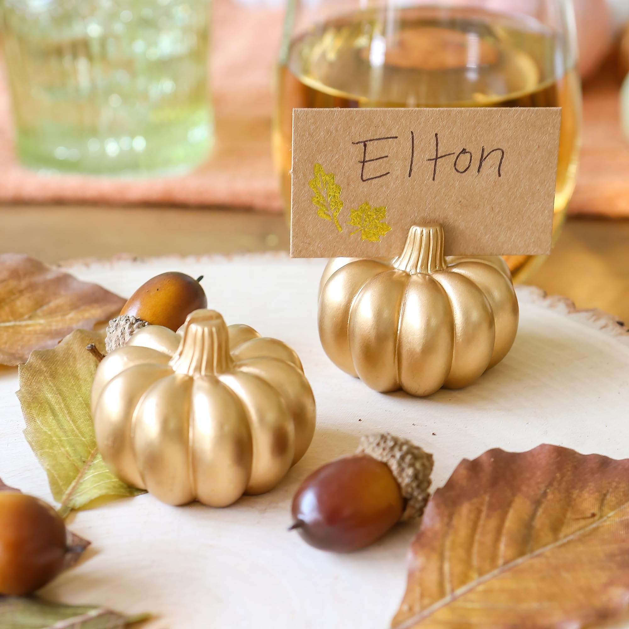 Kate Aspen 36pcs Fall Decor Gold Pumpkin Place Card Holder, Place Settings, Perfect for Thanksgiving Table Decor, Fall Themed Weddings, Bridal Brunches (Place Cards Included)