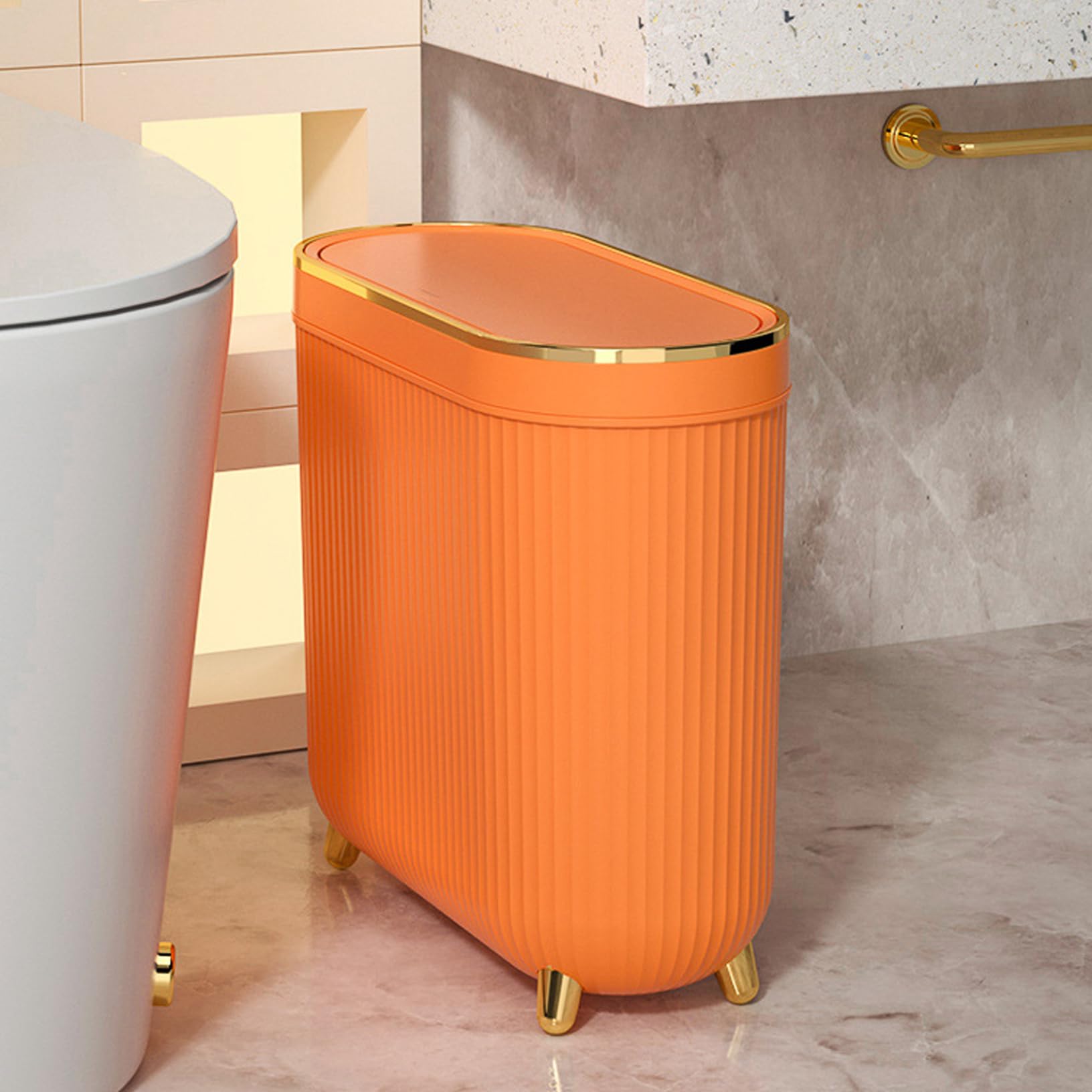 Weduspaty Bathroom Trash Can Slim Trash Can 3.2 Gallons Kitchen Garbage Can with Press Top Lid Plastic Trash Bin Waste Basket for Bedroom, Office, Living Room Orange