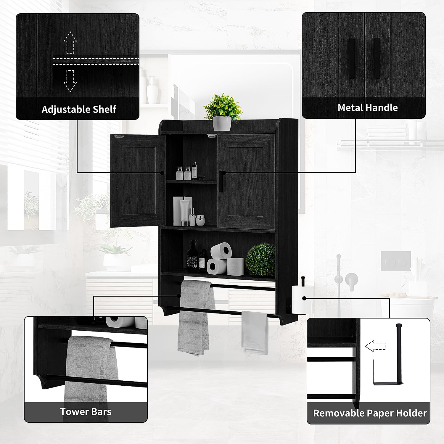 Bathroom Wall Cabinet, Wooden Medicine Cabinet Over the Toilet with Adjustable Inner Shelf, Wall Mounted Cabinet with Doors for Bathroom Storage, Hanging Cabinet for Wall with Towels Bar (Black)