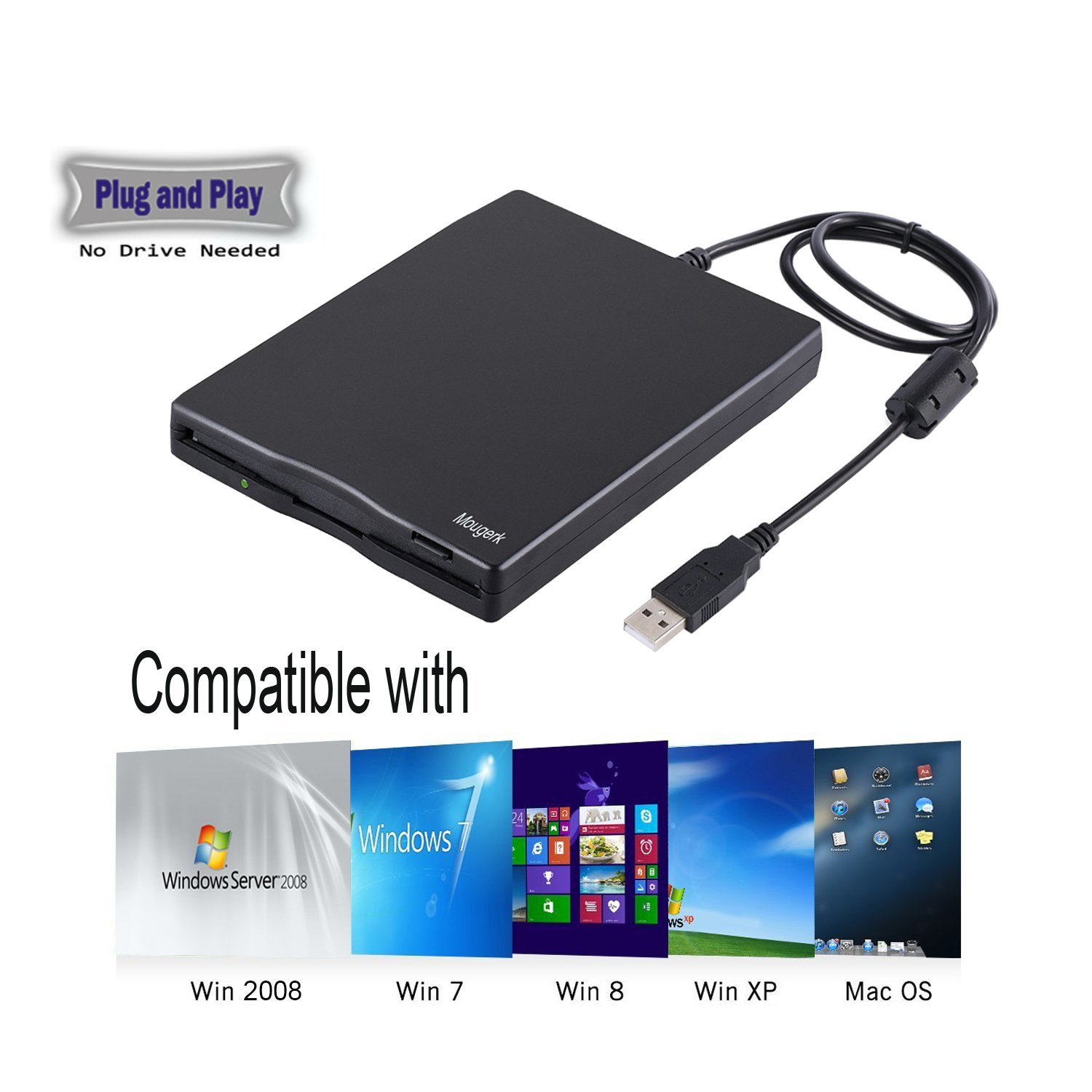 Mougerk USB Floppy Drive, 3.5" USB External Floppy Diskette Drive 1.44 MB FDD Portable USB Drive Plug and Play for Laptops Desktops and Notebooks (Black)