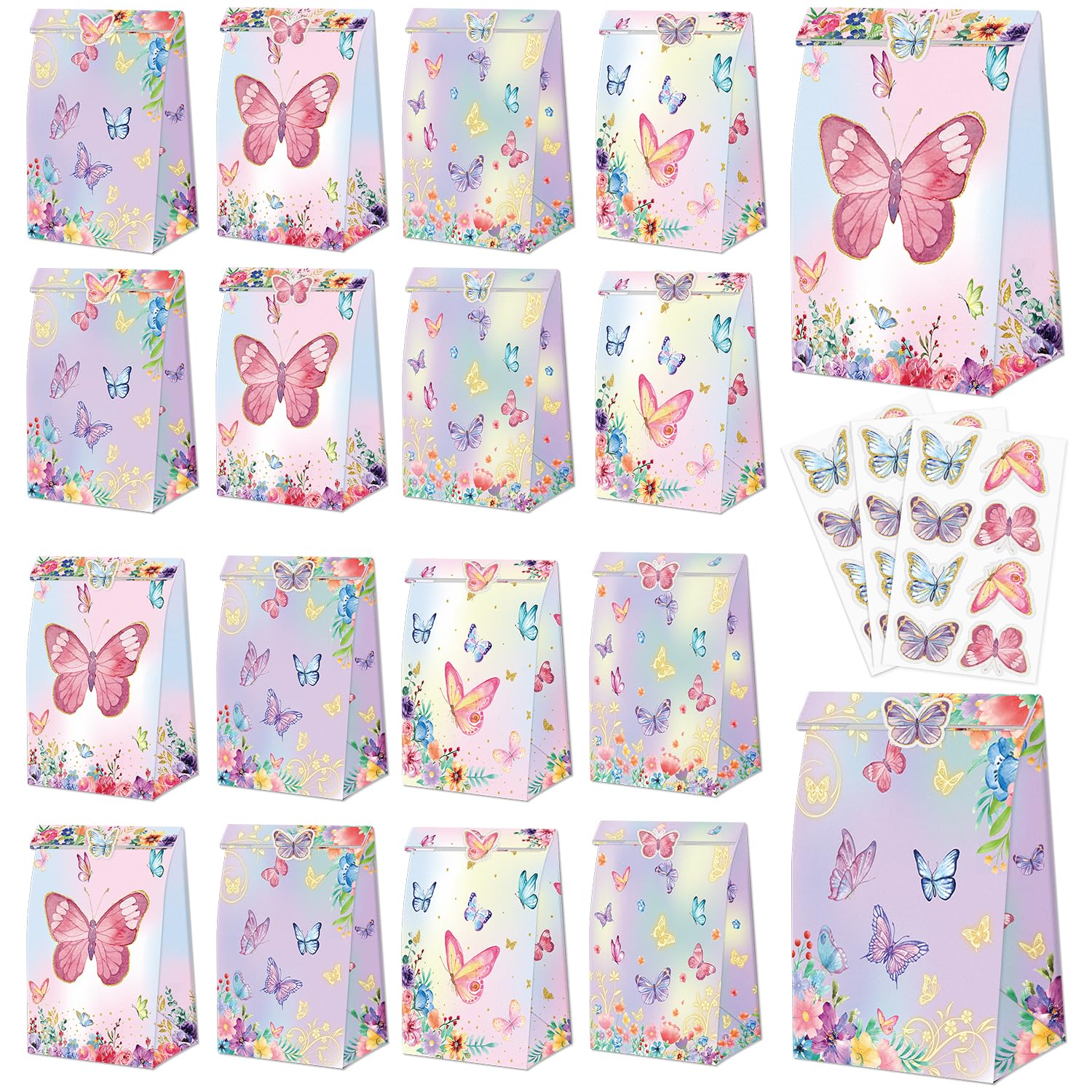 Butterfly Party Gift Bags - 20 Pcs Goodie Bags Party Favor Bags with Butterfly Stickers, Colored Paper Bags Treat Bags Birthday Goodie Bags for Kids Butterfly Birthday Party Supplies