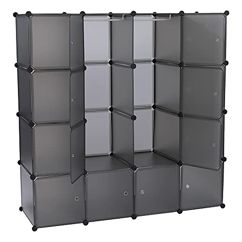 JASOYA modular wardrobe plastic cabinet, 16 cubic wardrobe drawer units, DIY modular wardrobe with doors, can store shoes, books, toys, yarn, gray