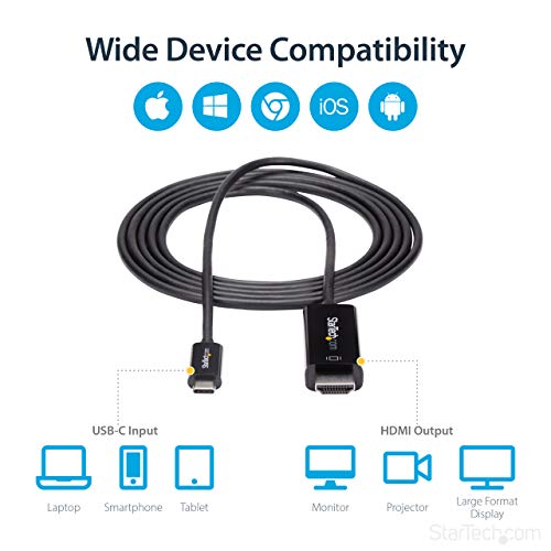 StarTech.com 6ft (2m) USB C to HDMI Cable - 4K 60Hz USB Type C to HDMI 2.0 Video Adapter Cable - Thunderbolt 3 Compatible - Laptop to HDMI Monitor/Display - DP 1.2 Alt Mode HBR2 - Black (CDP2HD2MBNL)