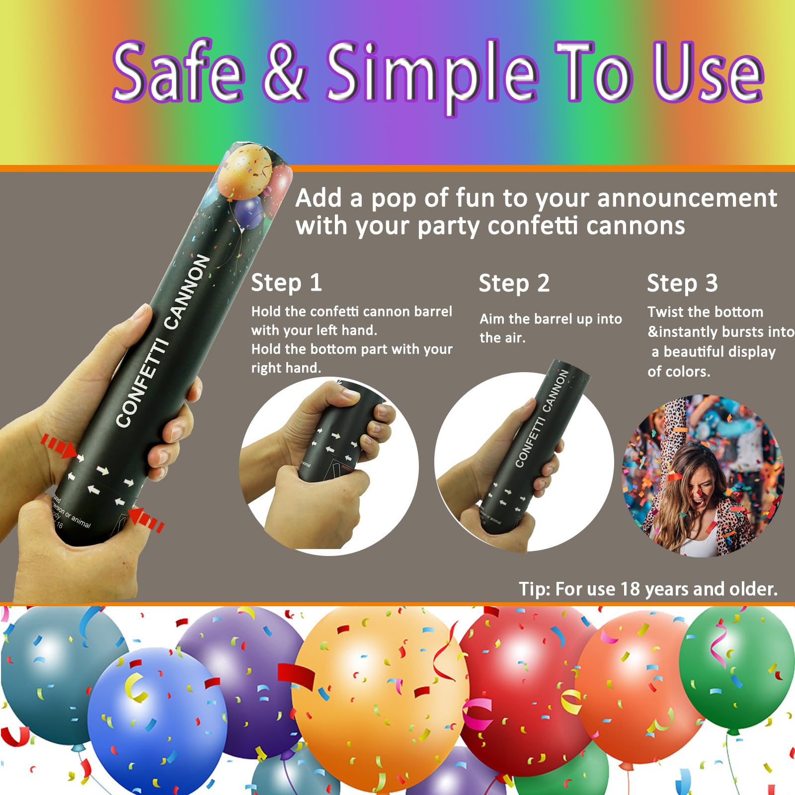 Biodegradable Confetti Cannon 6 Pack - Popper Party 12 Inch Confetti Shooter for Wedding Birthday Graduation Celebration New Year’s Eve Confetti Cannons Launch 20-26 ft