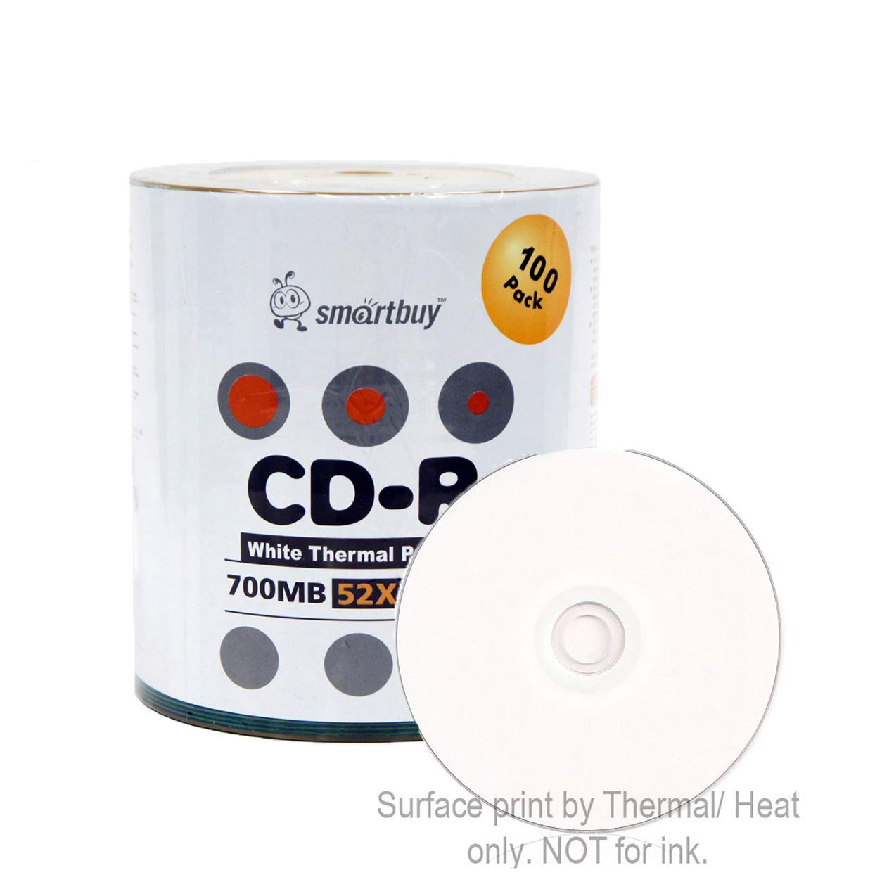 Smart Buy CD-R 100 Pack 700mb 52x Thermal Printable White Blank Recordable Discs, 100 Disc, 100pk