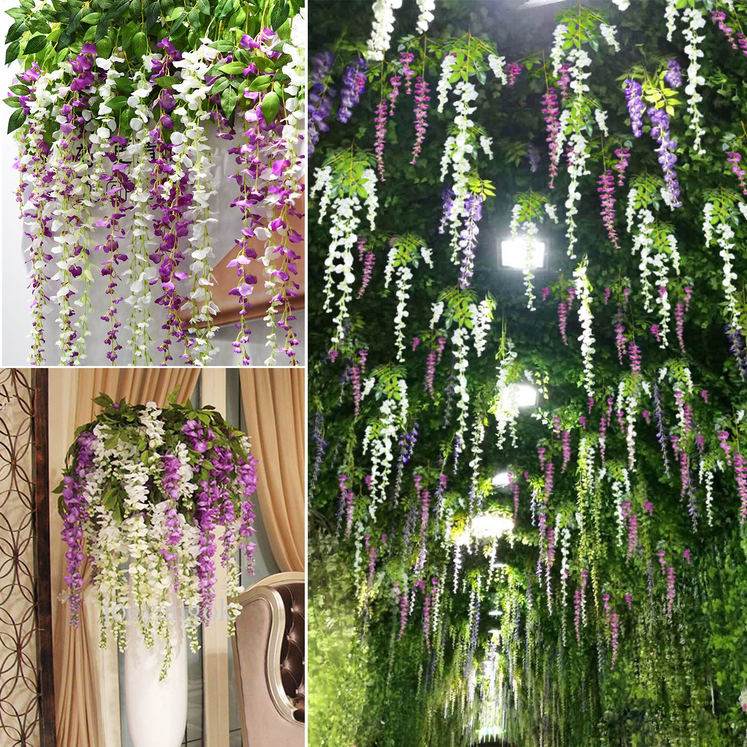 DearHouse 12Pack 3.6 Feet/Piece Artificial Wisteria Vine Garland Hanging Wisteria Garland Silk Flowers String for Home Party Garden Wedding Decor (White)