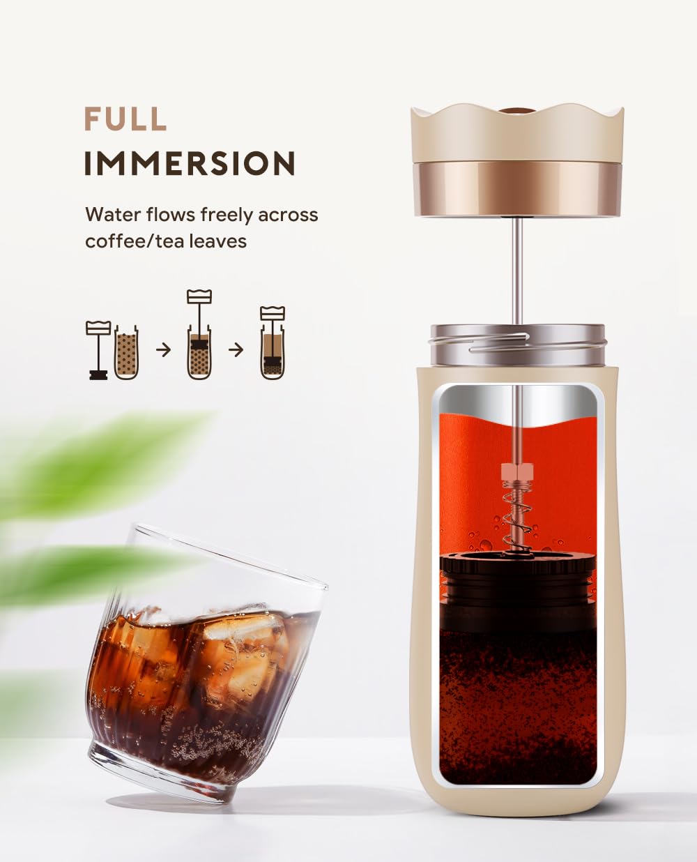 BENFUCHEN Travel Coffee Press, Vacuum Insulated Portable French Press, Stainless Steel Portable Coffee Maker/Tea Press, 12oz, Rose Red