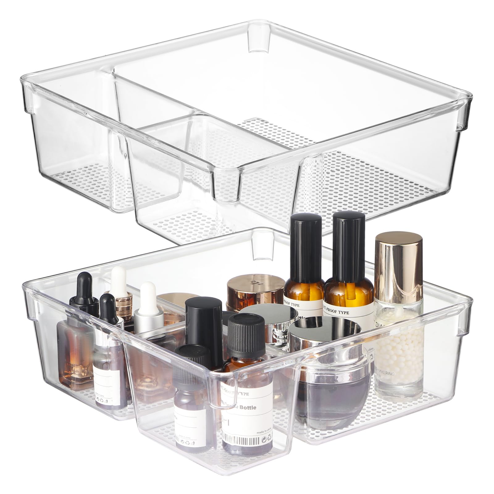 CherHome Drawer Organizer,2PCS Clear Organization and Storage Set,Desk Drawer Organizer Food Snack Organizer,Plastic Organizer Bins for Kitchen Drawer,Bathroom,Makeup and Office(13 X 8.9 X 2.3in)