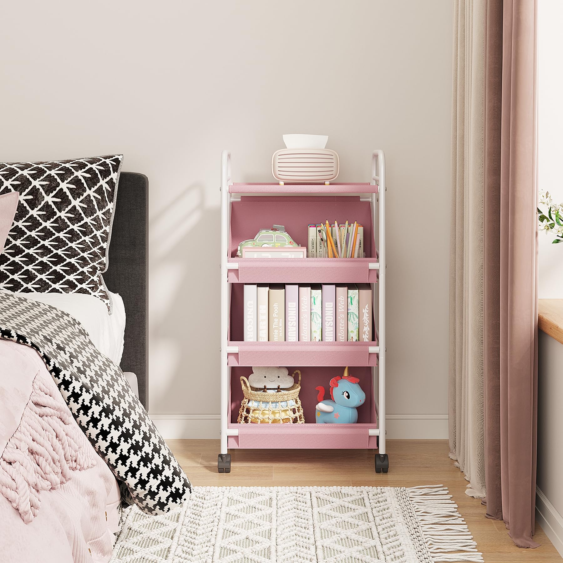 Buzowruil Utility Rolling Fabric Storage Rack Trolley Toy Rack Storage Cart Trolley with 3 Large Storage Boxes，Wheels, Suitable for Bedroom, Living Room, Entryway, Pink