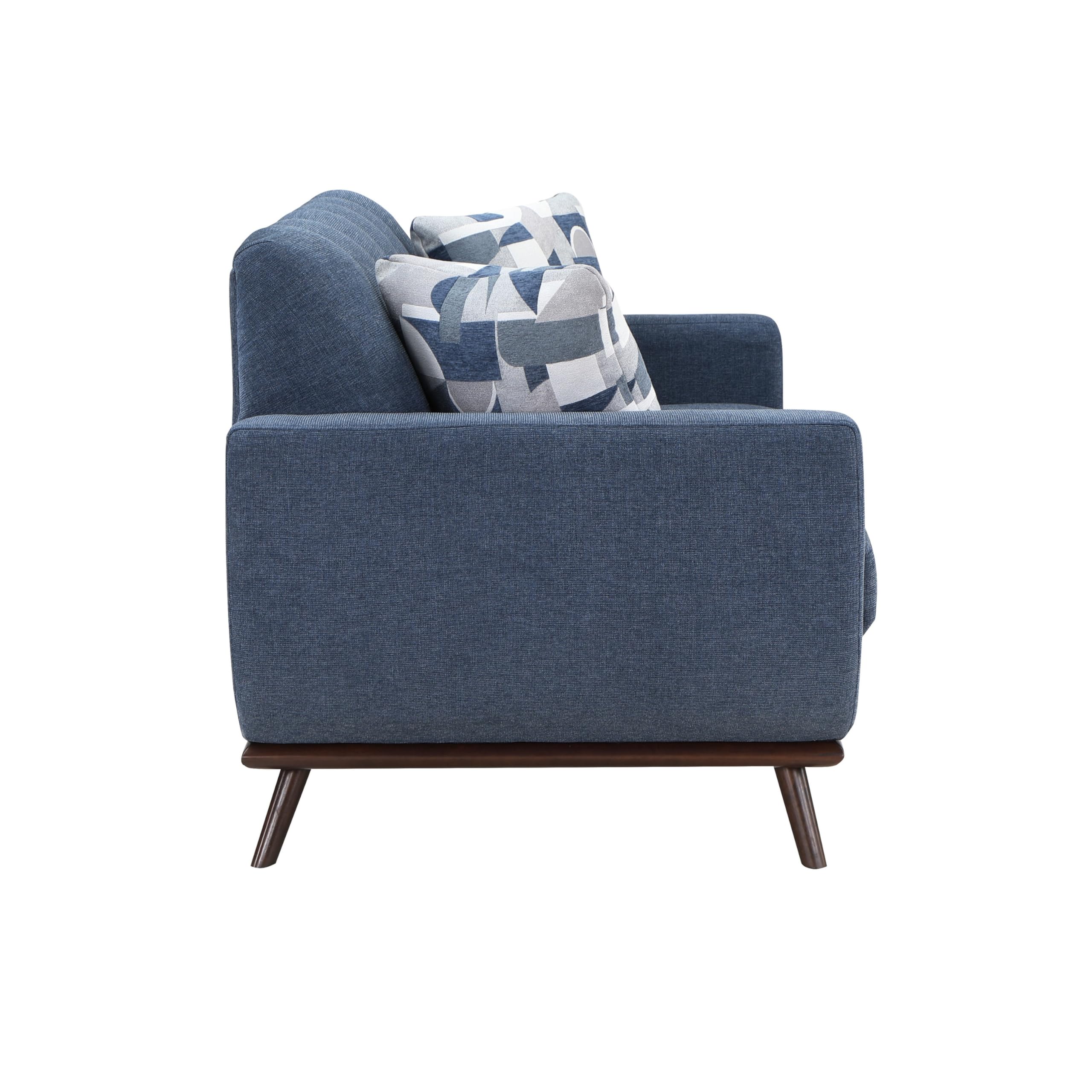 Benjara Keto 70 Inch Loveseat, Chenille, 2 Throw Pillows, Solid Wood, Blue and Brown