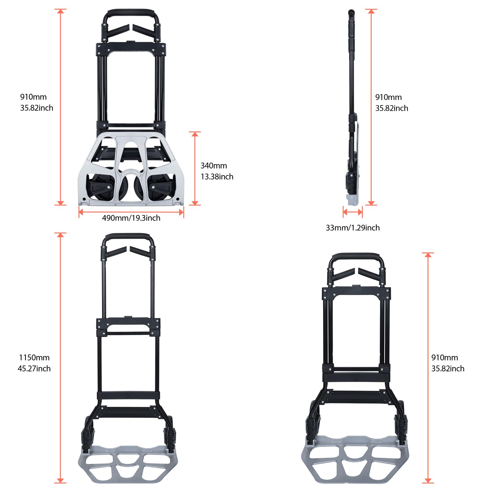 Nellyke Hand Truck Dolly Foldable,330LB Capacity Aluminum Folding Hand Cart,Heavy Duty Hand Truck Foldable Dolly with Swivel Handle,Folding Dolly Trolley with TPR Wheels for Moving
