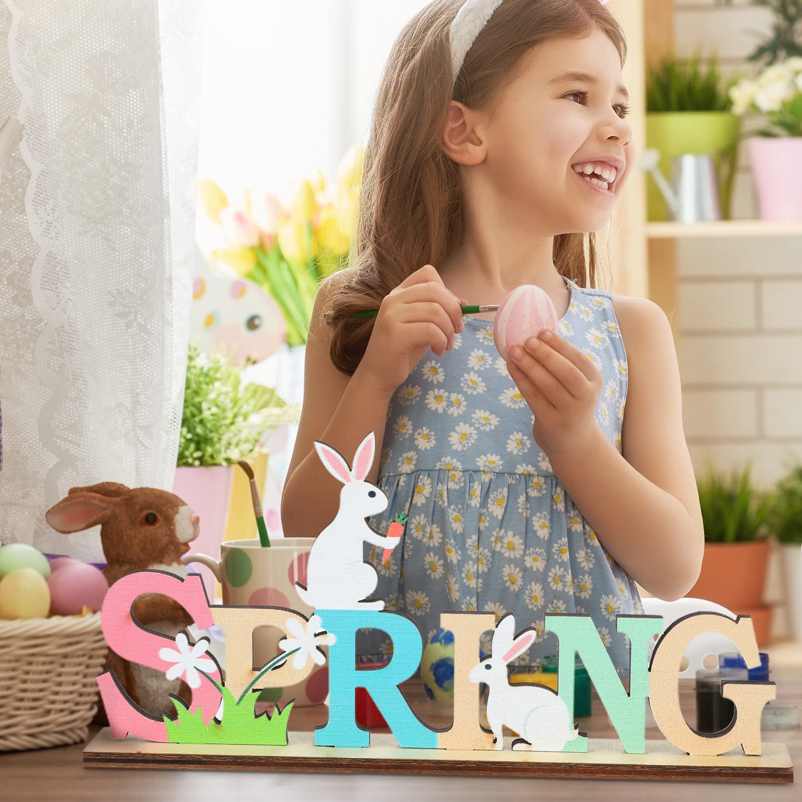Jetec Easter Decorations Spring Bunny Tabletopper Bunny Rejoice Easter Egg Centerpiece Easter Figurines Tabletopper Ornaments for Spring Easter Indoor Outdoor Garden Yard Lawn Patio Party Decoration