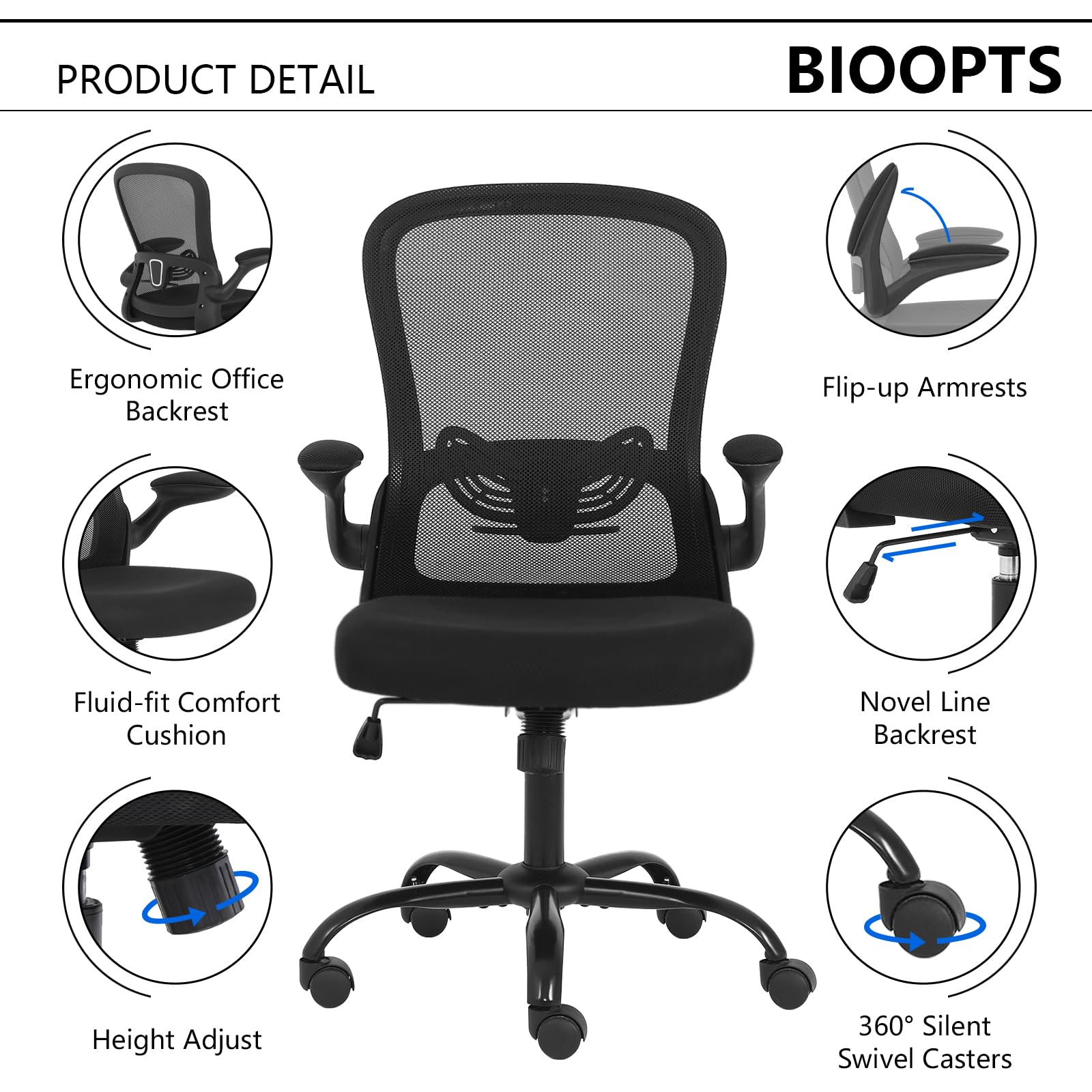 Bioopts Mesh Office Chair Ergonomic Gaming Computer Chair Flip Up Armrests Lumbar Support 360° Swivel Adjustable Height Reclining Angle