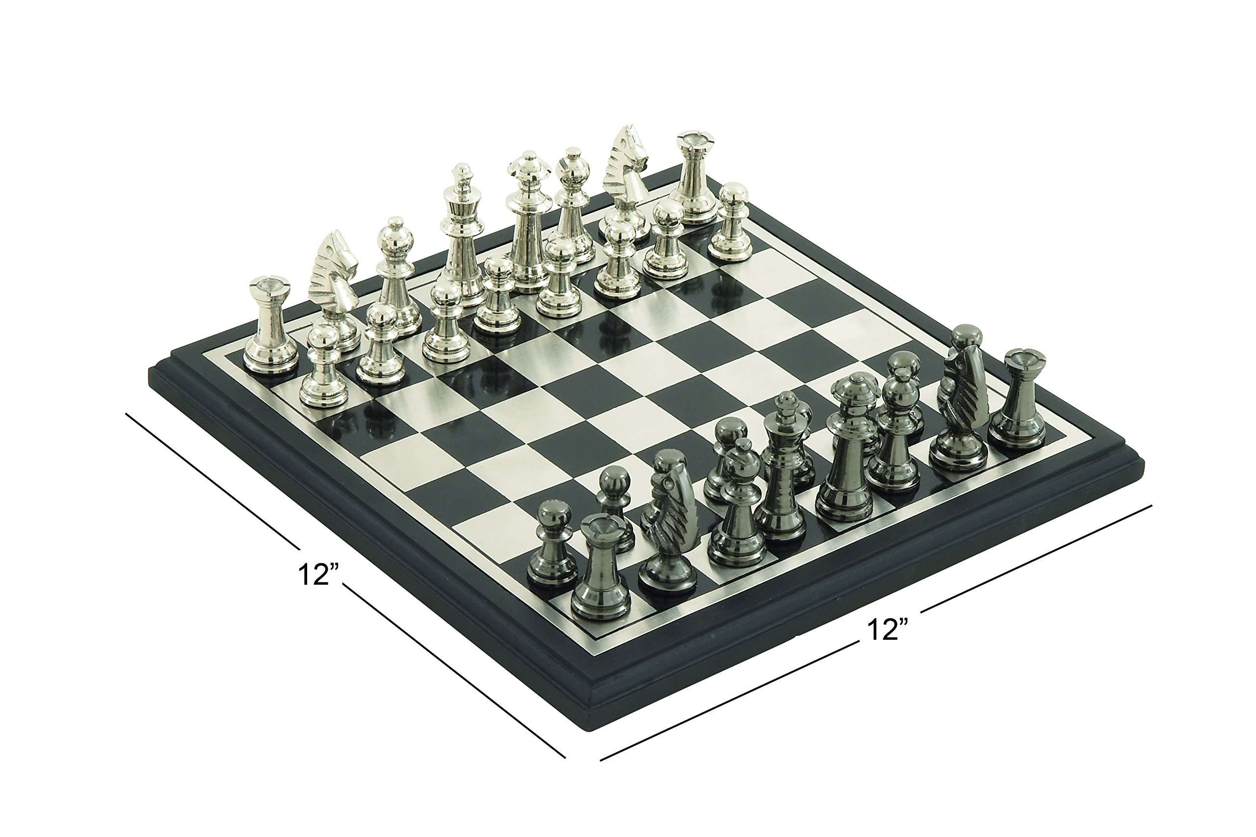 Deco 79 Aluminum Chess Game Set with Black and Silver Pieces, 12" x 12" x 1", Black