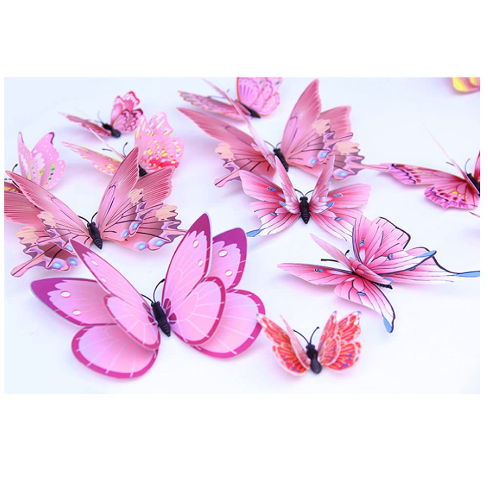 PVC Beautiful 3D Butterfly Wall Decals, 12pcs Removable DIY Home Decorations Double Layer Butterflies Wall Stickers Murals for Garden Bedroom Birthday Party Wedding TV Background Living Room(Pink)